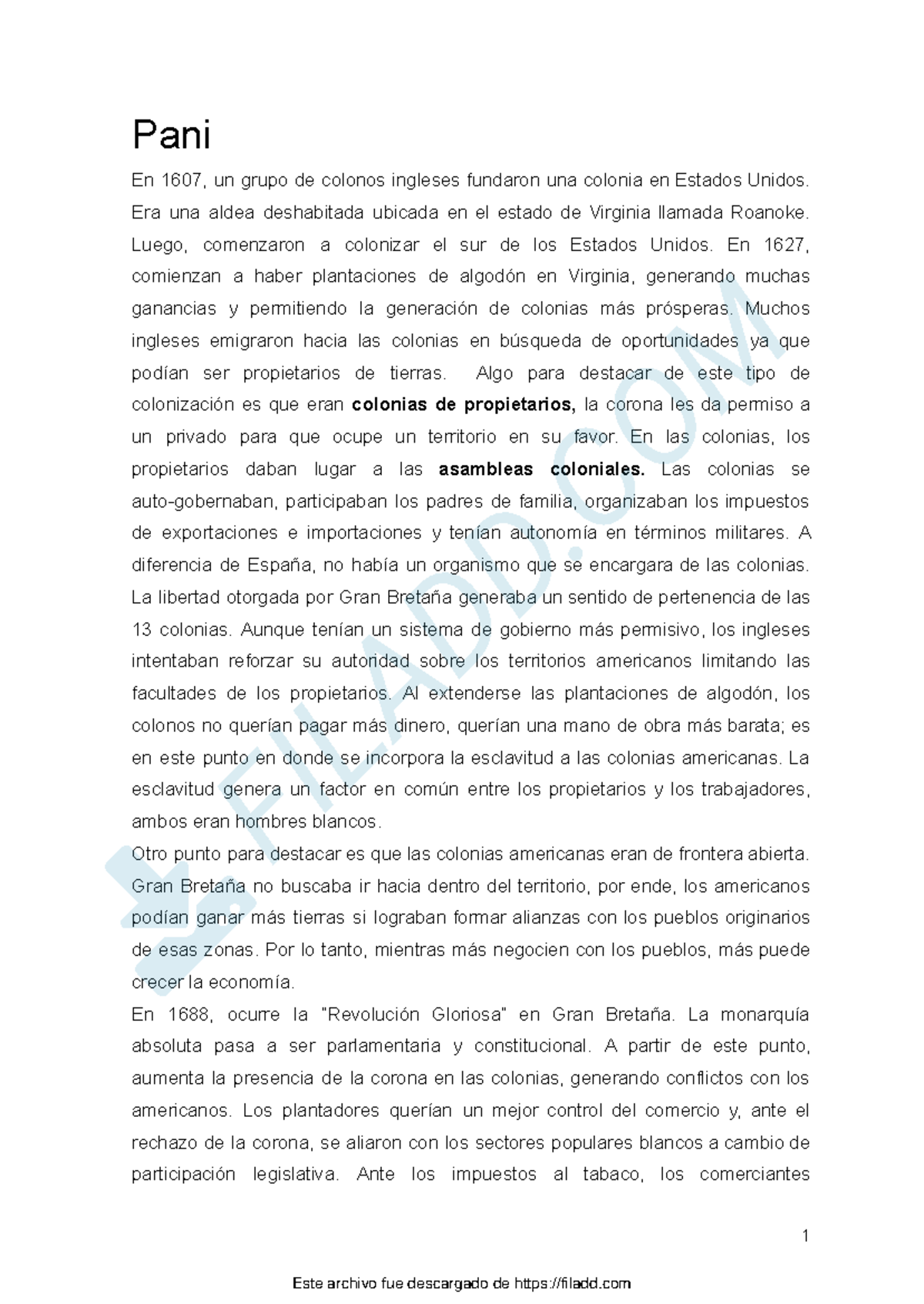 Historia Parcial 1 - Pani En 1607, un grupo de colonos ingleses ...