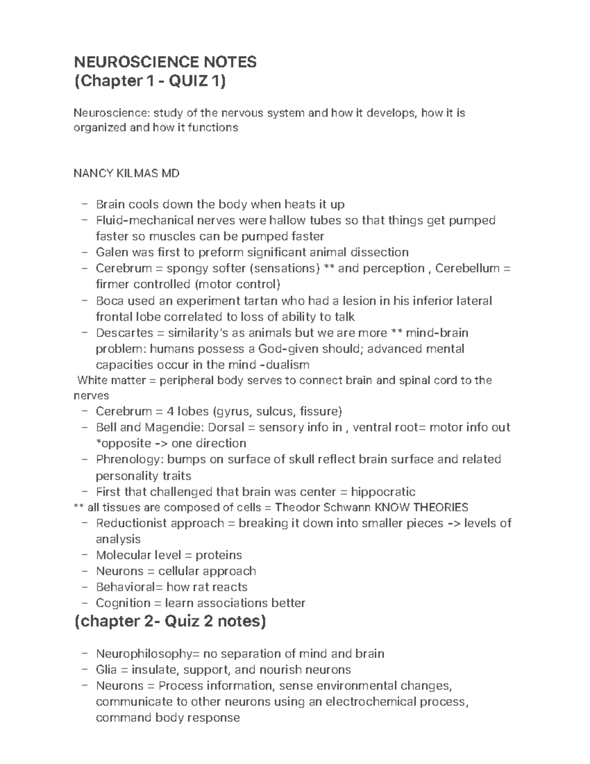 1-4 Neuroscience Notes - – – – – – – – – – – – – – – – – – NEUROSCIENCE ...