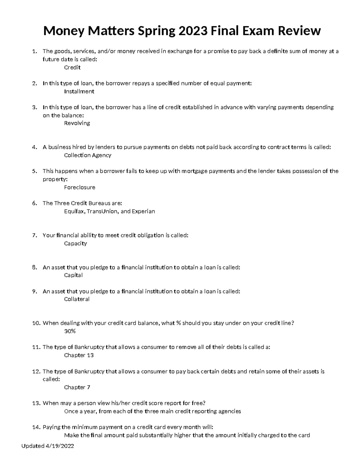 Money Matters Spring 2022 Final Exam Review - Money Matters Spring 20 ...