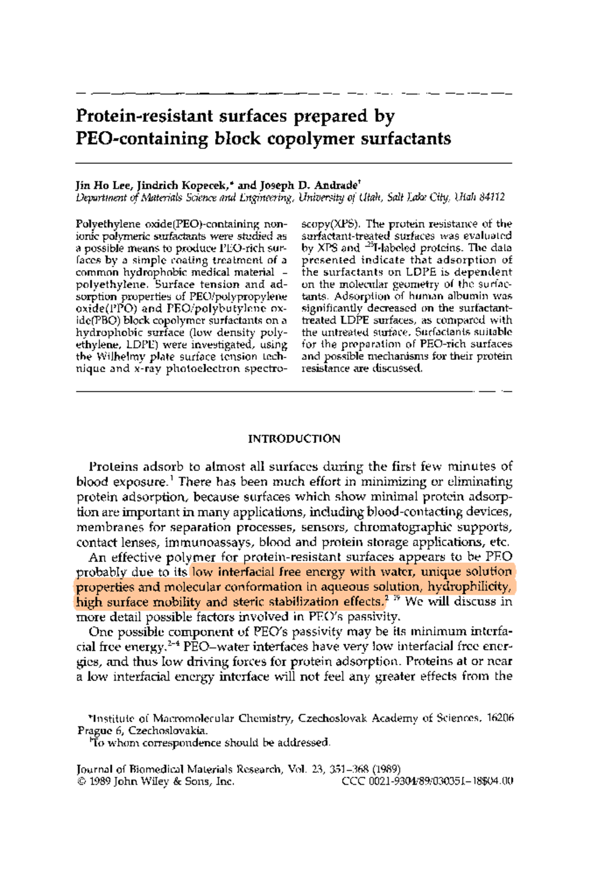 Jan17-2 - Research paper - Protein-resistant surfaces prepared by PEO ...