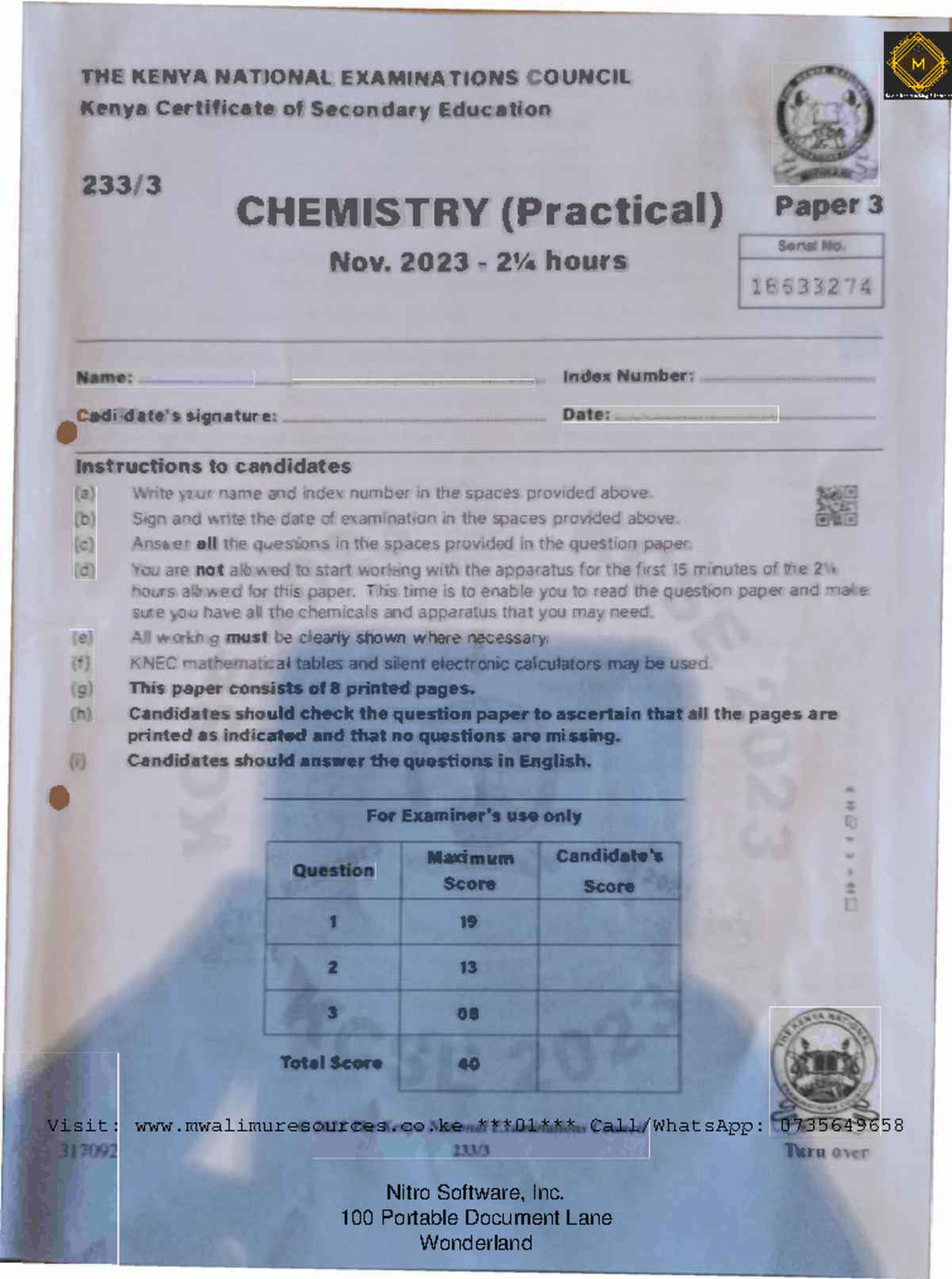 CHEM P3 - Chem - 233/ CHEMISTRY (Practical) Nov. 2023 - 2% hours Paper 3 Serial No 1 6 6 3 3 2 4 ...