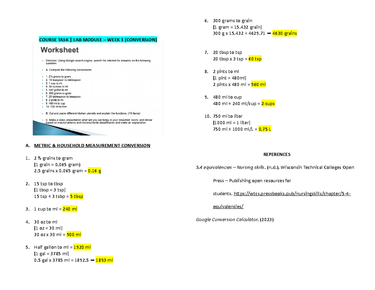 NDT Metric and Household Measurement Conversion - COURSE TASK | LAB ...