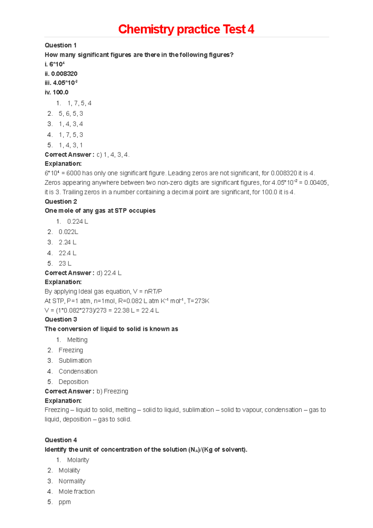 Chemistry practice Test 04 - 610 4 ii. 0. iii. 410- iv. 100. 1, 7, 5, 4 ...