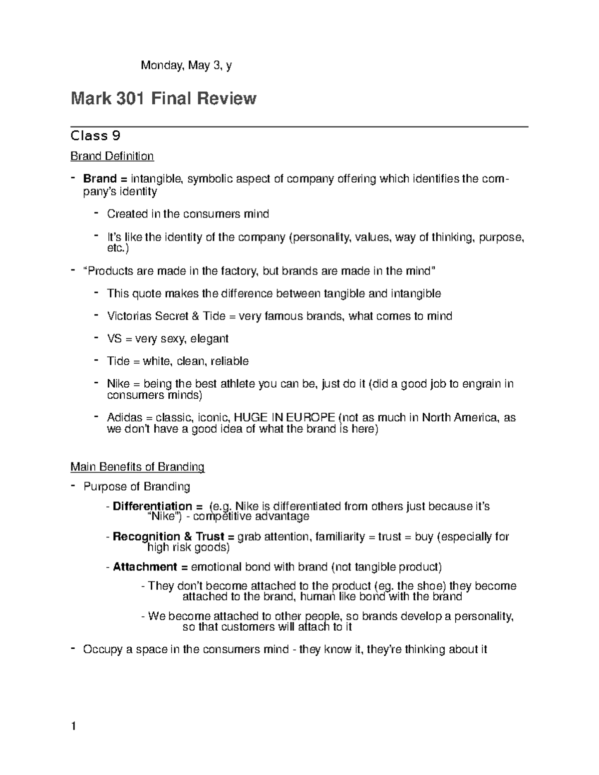 Mark 301 Class 9 Review - Lecture notes 9 - Mark 301 Final Review Class ...