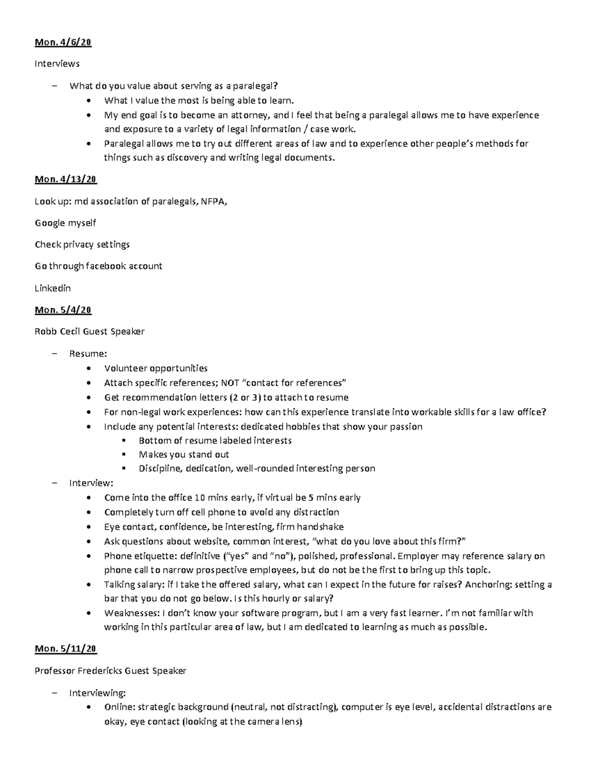 LGS-275 Notes - Professor Bachkosky - Paralegal Internship - Mon. 4/6 ...