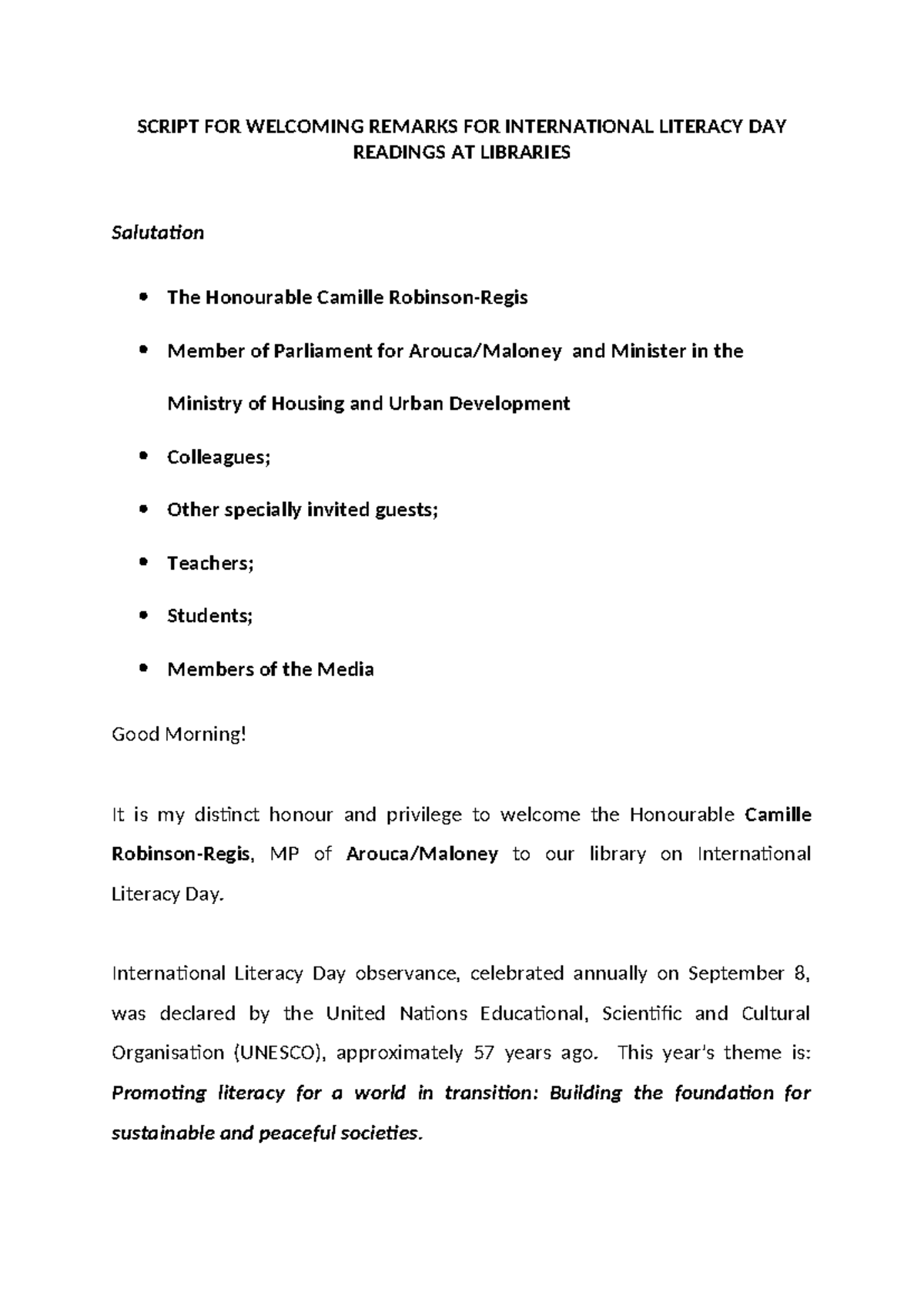 Introduction and Welcome Script - Literacy DAY Readings - SCRIPT FOR ...