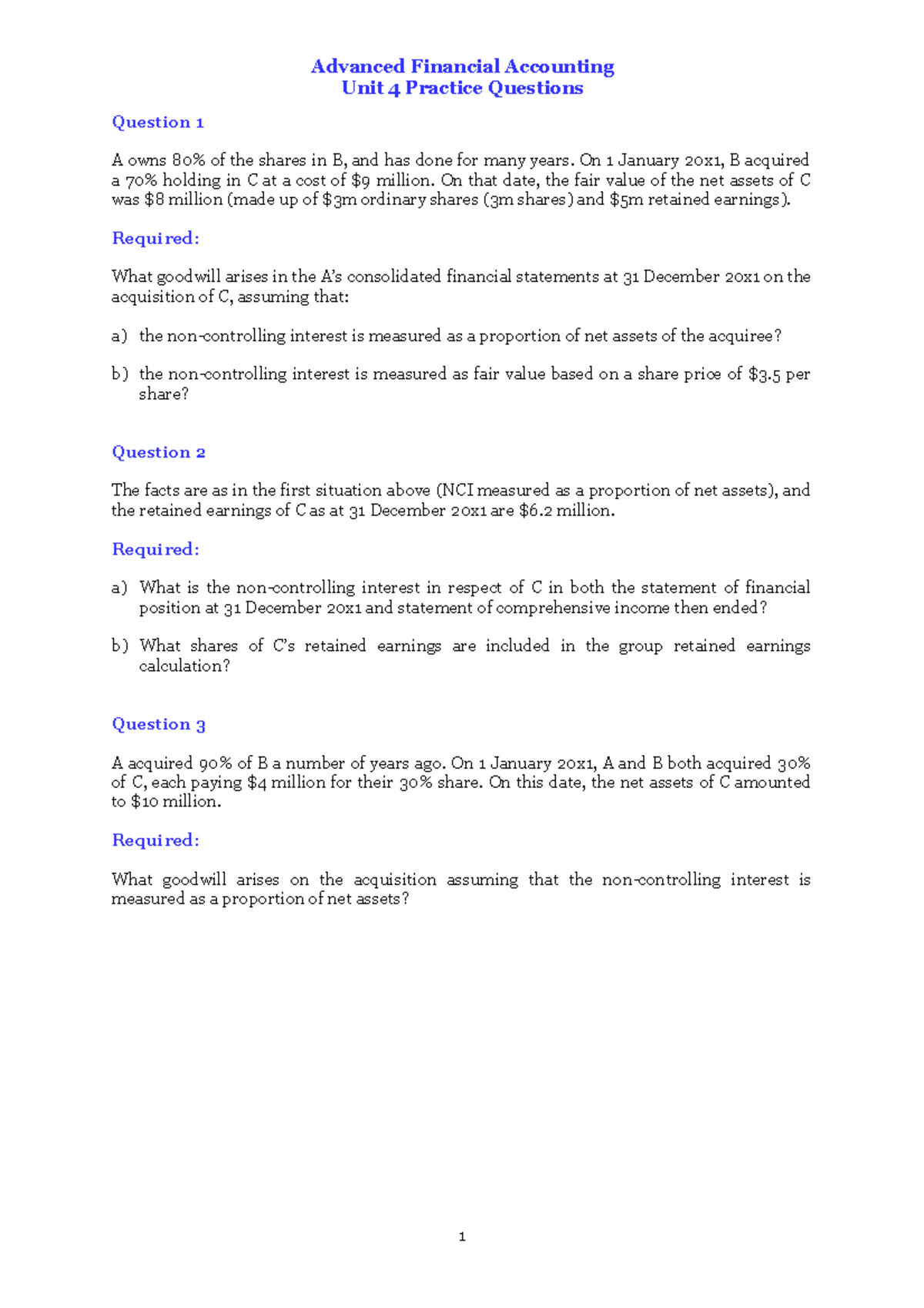 Unit 4 Practice Questions - Advanced Financial Accounting Unit 4 ...