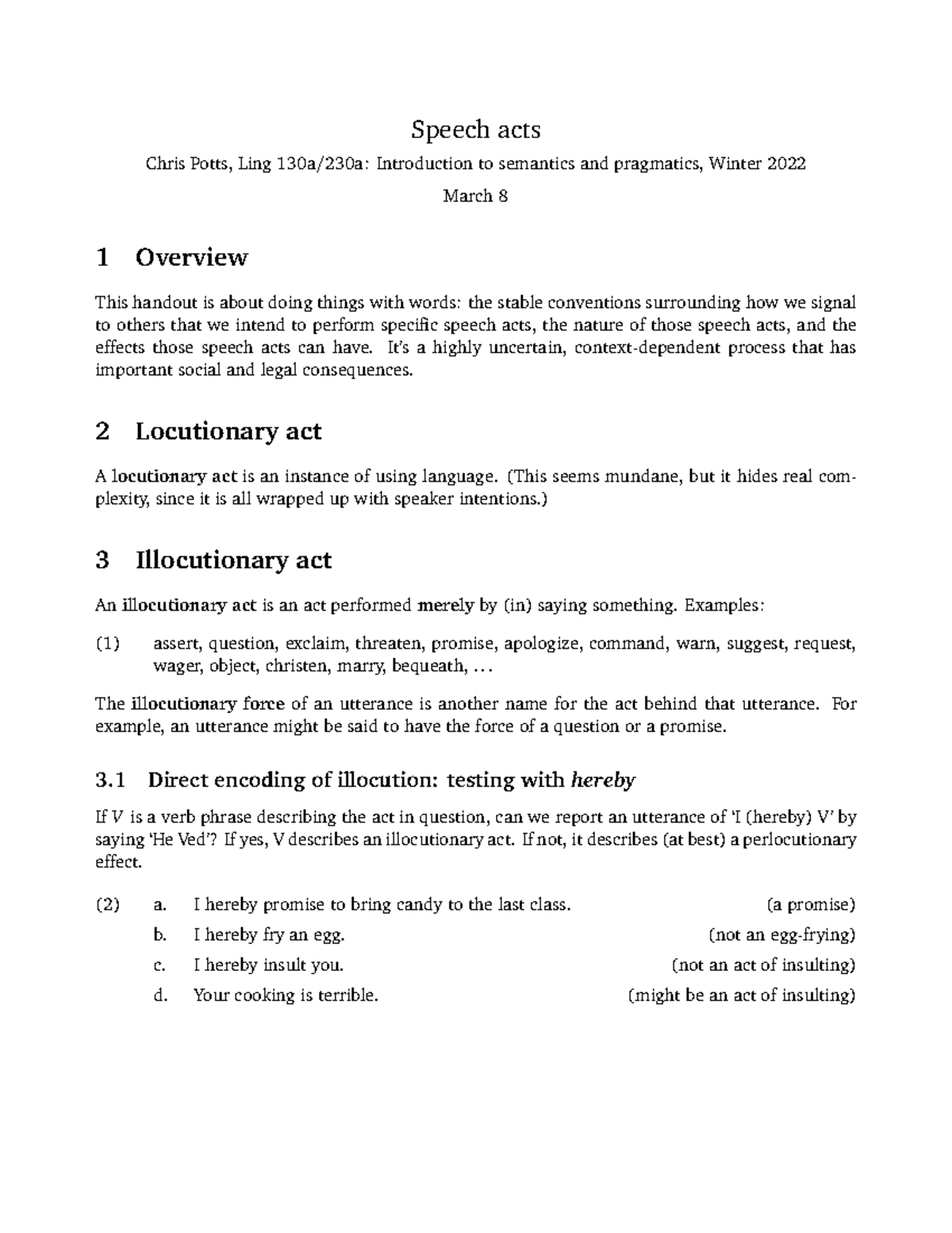 Ling130a handout 03 08 speechacts - Speech acts Chris Potts, Ling 130a ...
