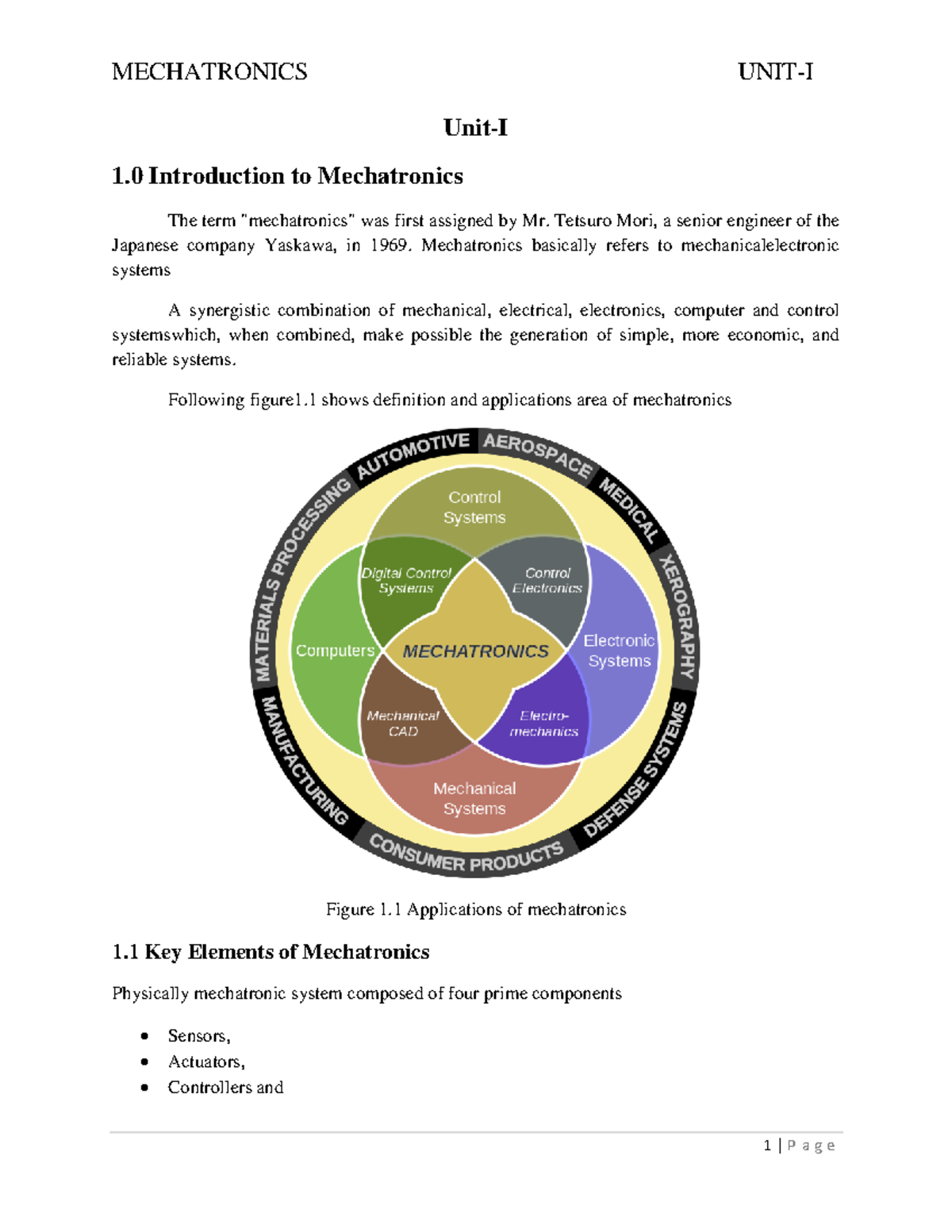 Mechatronics material - MECHATRONICS UNIT-I Unit-I 1 Introduction to Mechatronics The term - Studocu
