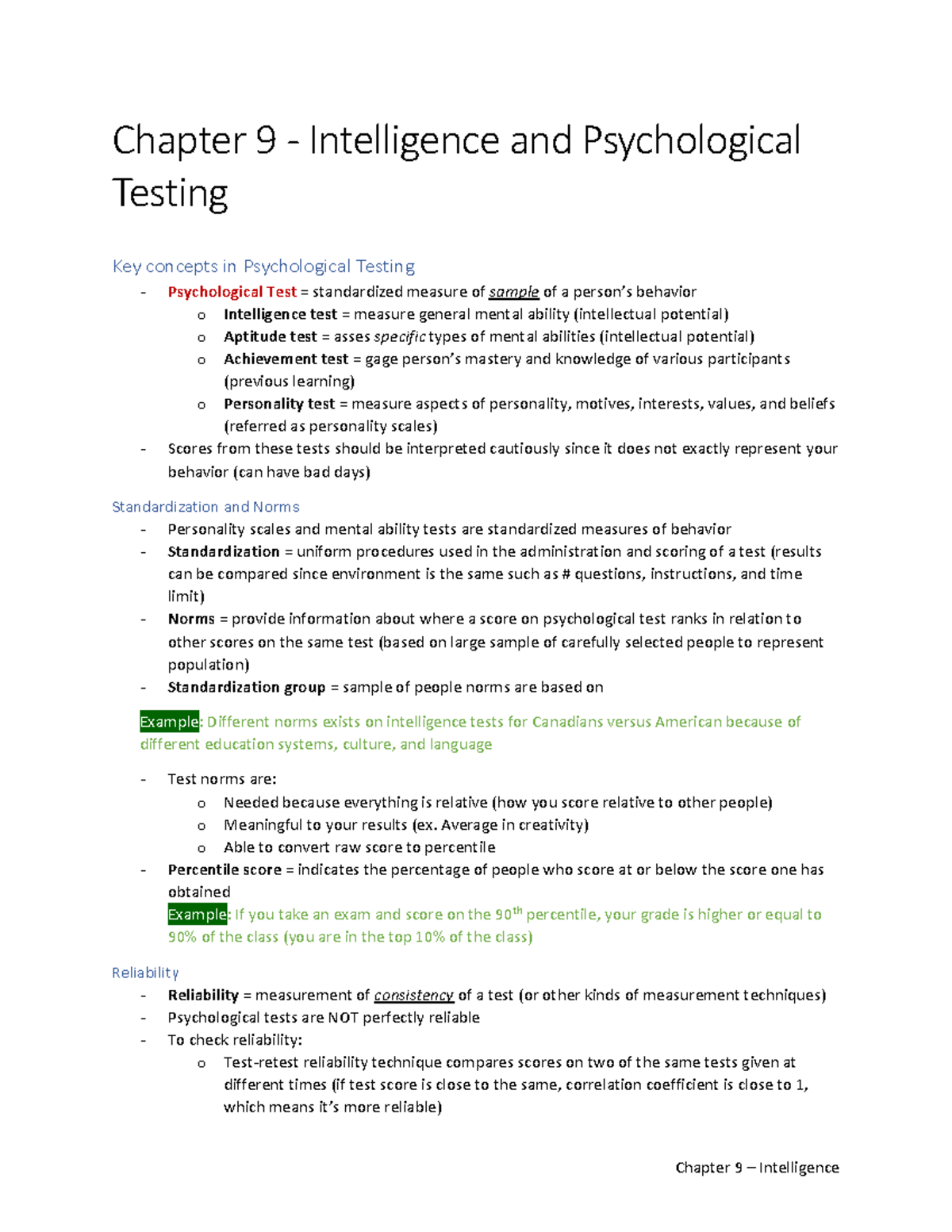 Chapter 9 - Textbook Notes - Chapter 9 - Intelligence and Psychological ...
