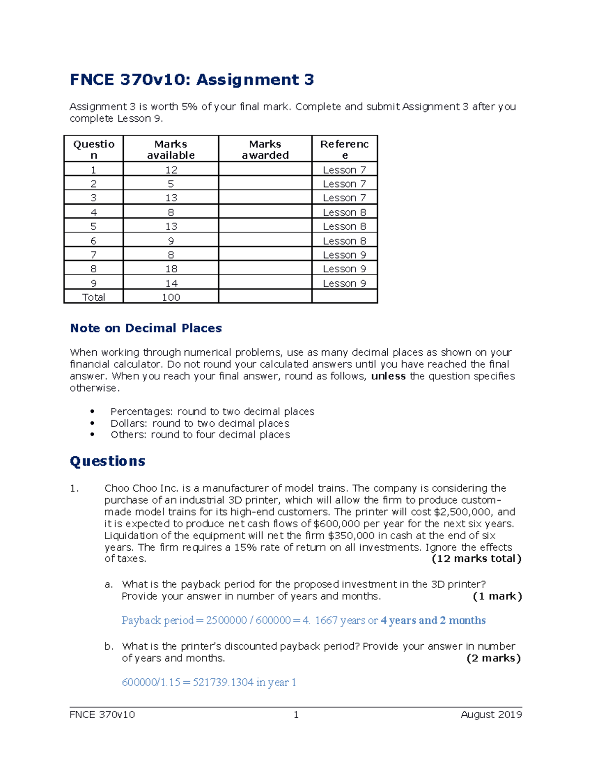 Assignment 3 - assign 3 - FNCE 370v10: Assignment 3 Assignment 3 is ...