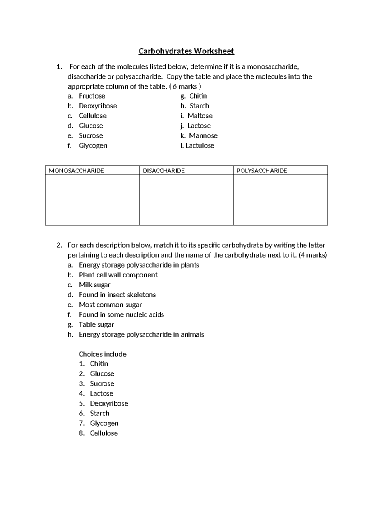 BIO Carbohydrates Worksheet - Carbohydrates Worksheet 1. For each of ...