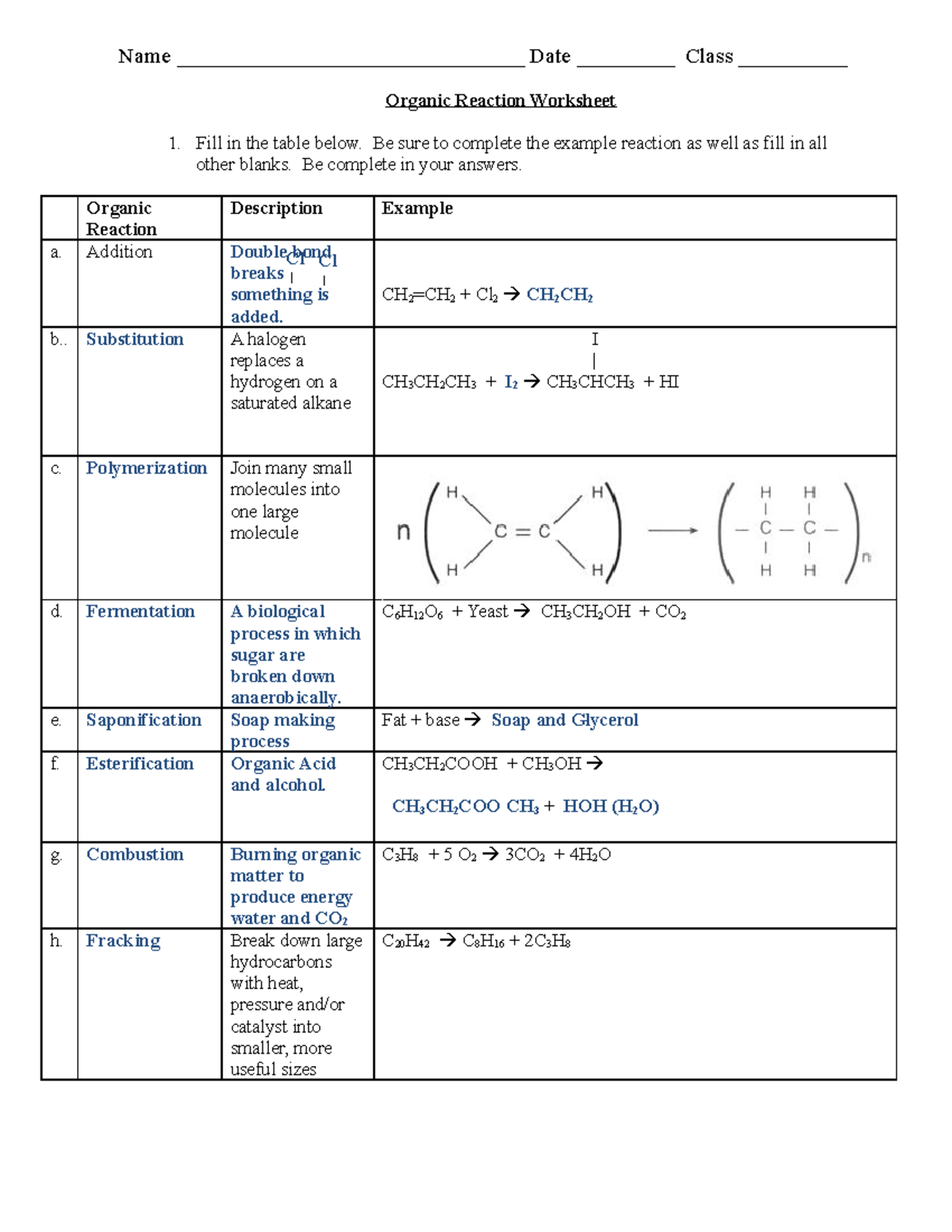 Organic reaction worksheet - answer key - Name ...