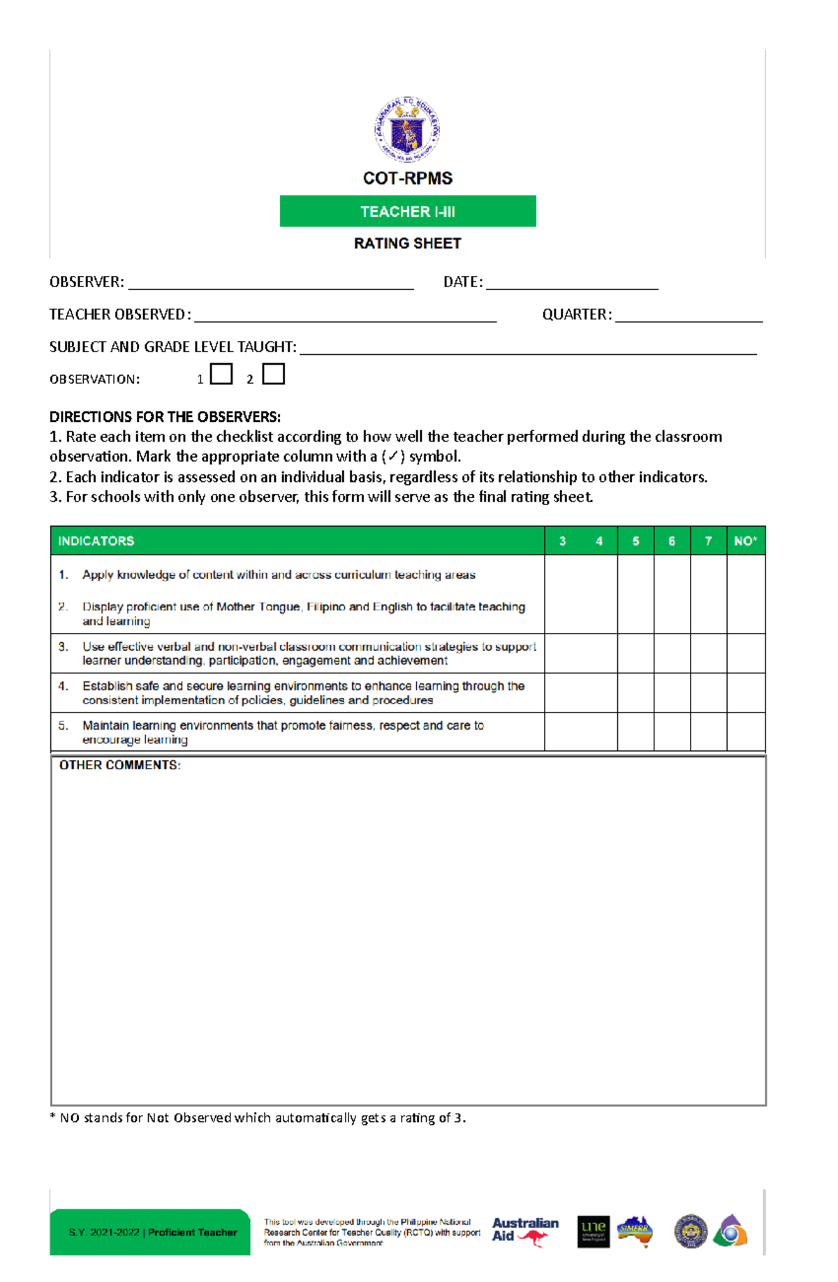 COT-RPMS Teacher I III Rating Sheet - OBSERVER ...