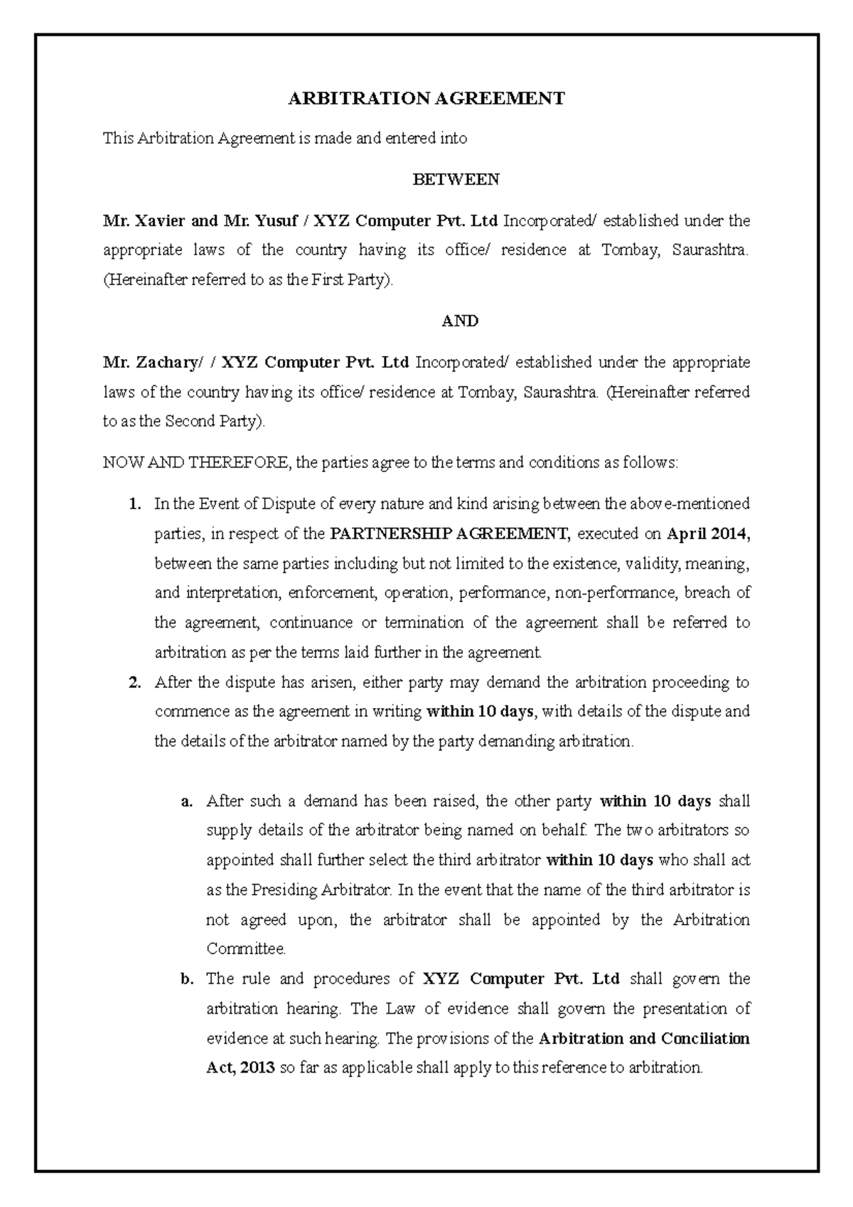 Arbitration Agreement 2 - Xavier and Mr. Yusuf / XYZ Computer Pvt. Ltd ...