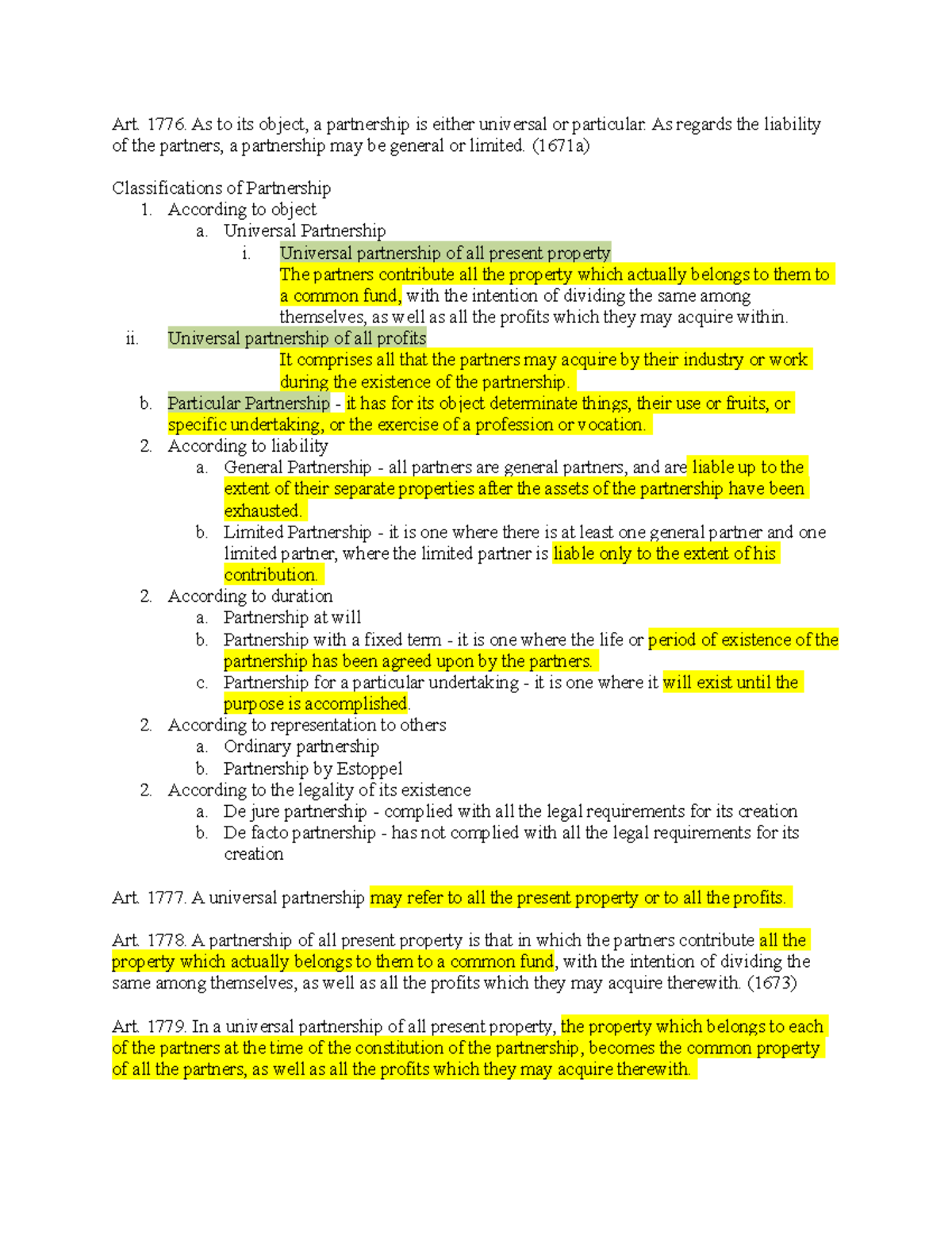 Art1776-1783 - LAW - Art. 1776. As to its object, a partnership is ...