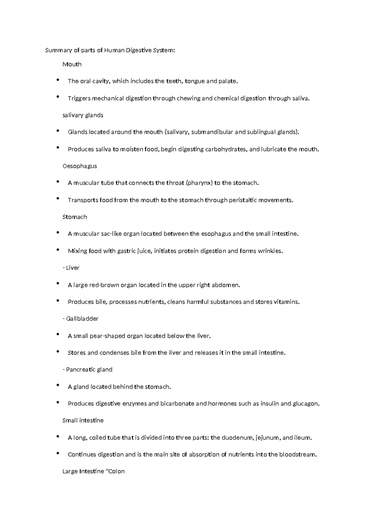 Summary of Digestive System organs - Summary of parts of Human ...