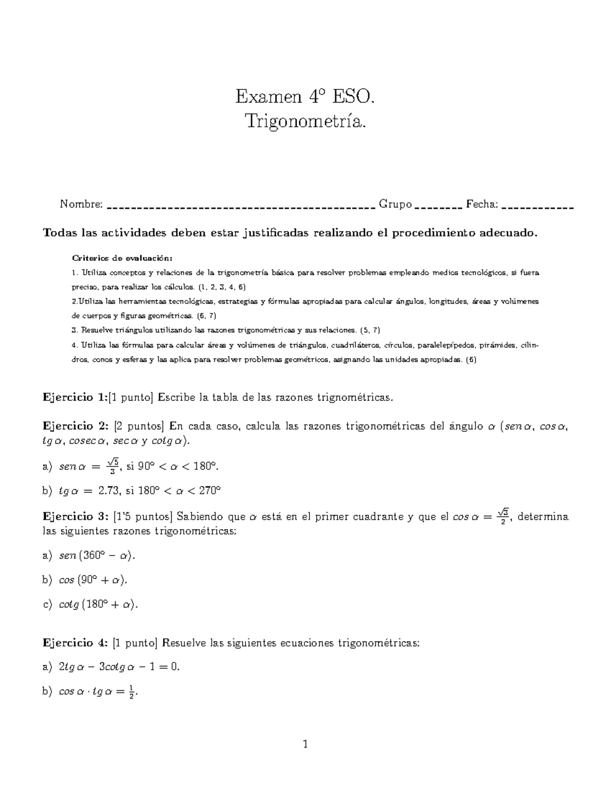Examen trigonometría Modelo 2 - Examen 4o ESO. Trigonometr ́ıa. Nombre: - Studocu
