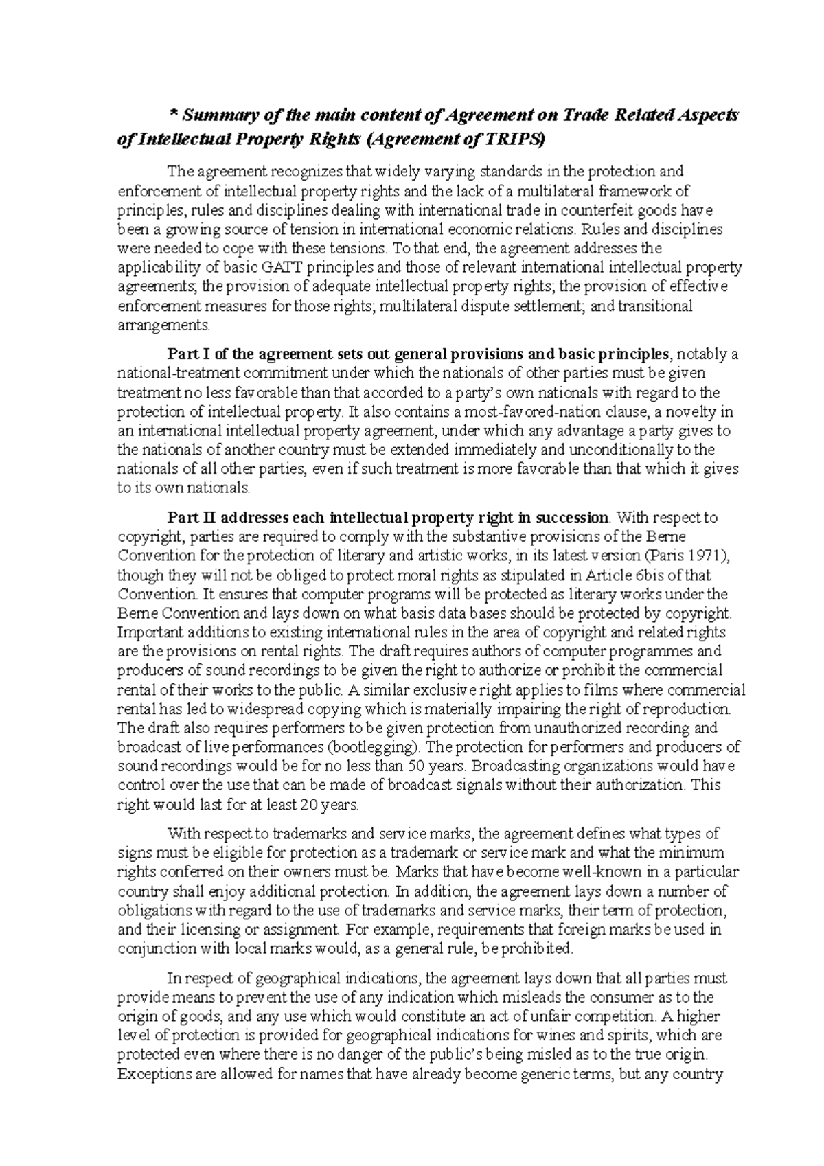 Customs - Agreement of Trips - * Summary of the main content of ...