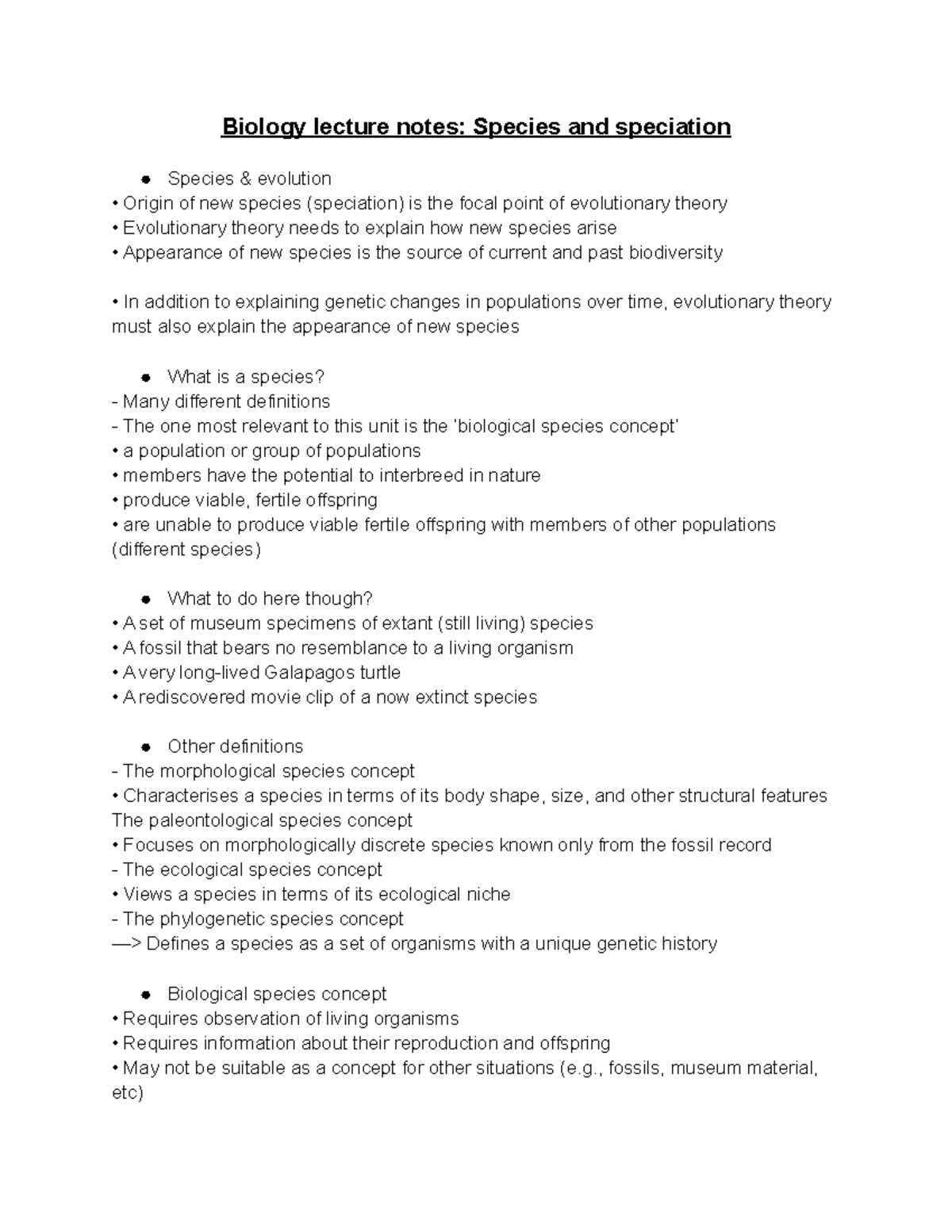Biology Lecture Notes Species And Speciation Fossils Museum