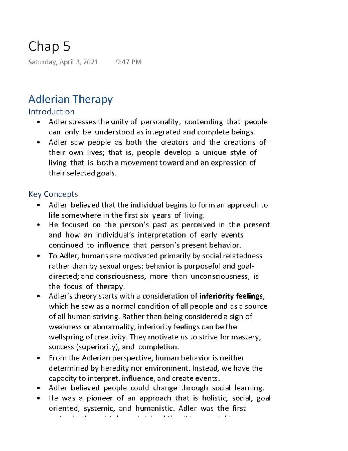 Chap 5 Lecture Notes - Adlerian Therapy Introduction Adler stresses the ...