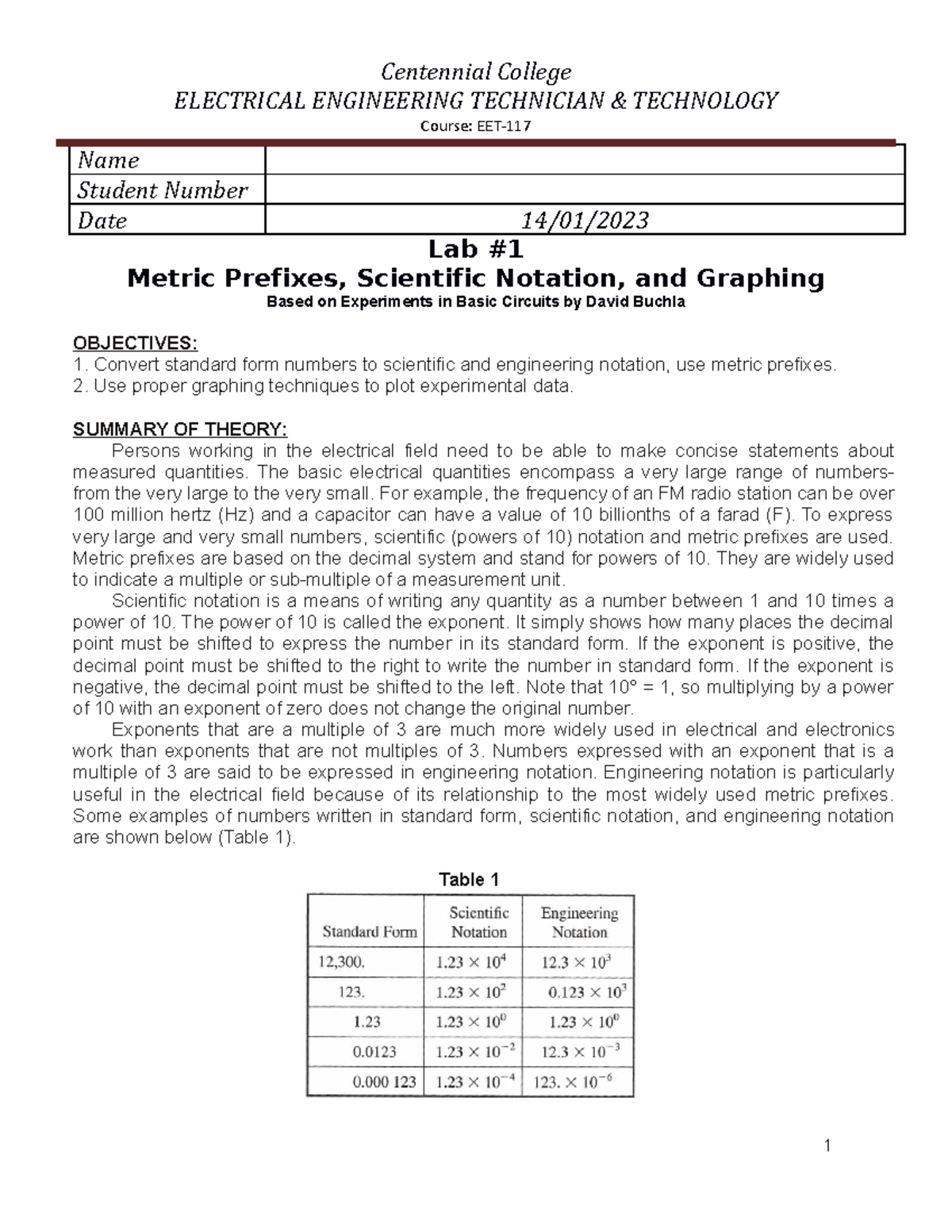 EET-117 LAB 1 23W - Lab reports - Centennial College ELECTRICAL ...