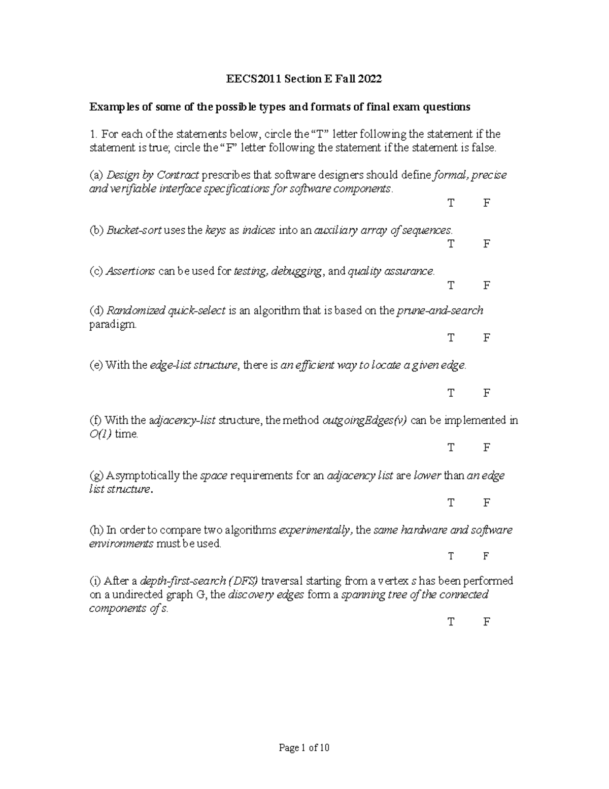 2011 E F22 Sample Questions - EECS2011 Section E Fall 2022 Examples of ...