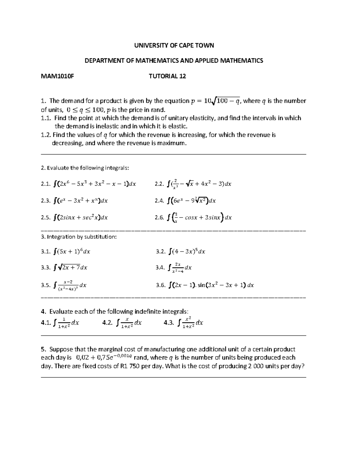 Tutorial+12 - MAM1010F Tutorial - UNIVERSITY OF CAPE TOWN DEPARTMENT OF ...