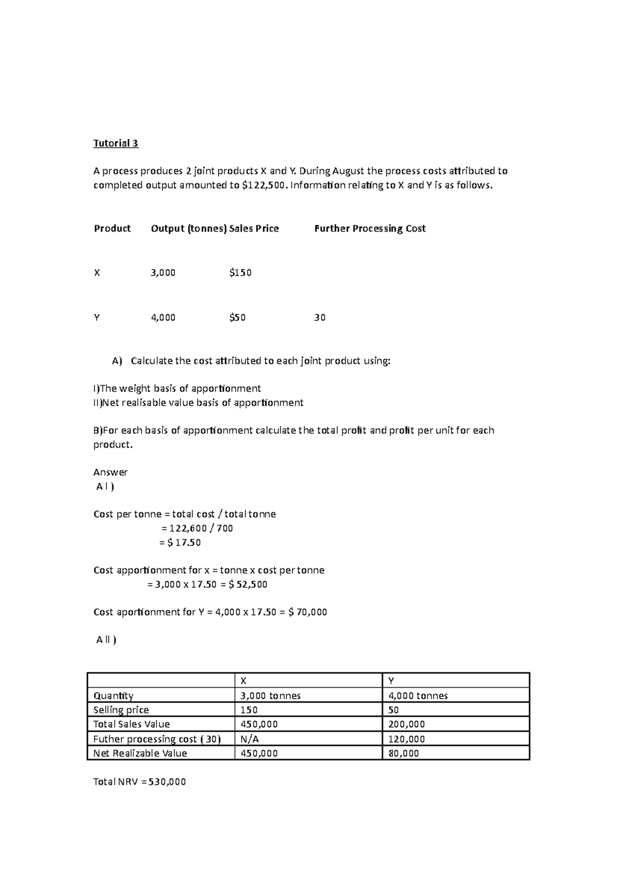 Costing Answer FOR TUTORIAL - A process produces 2 joint products X and ...