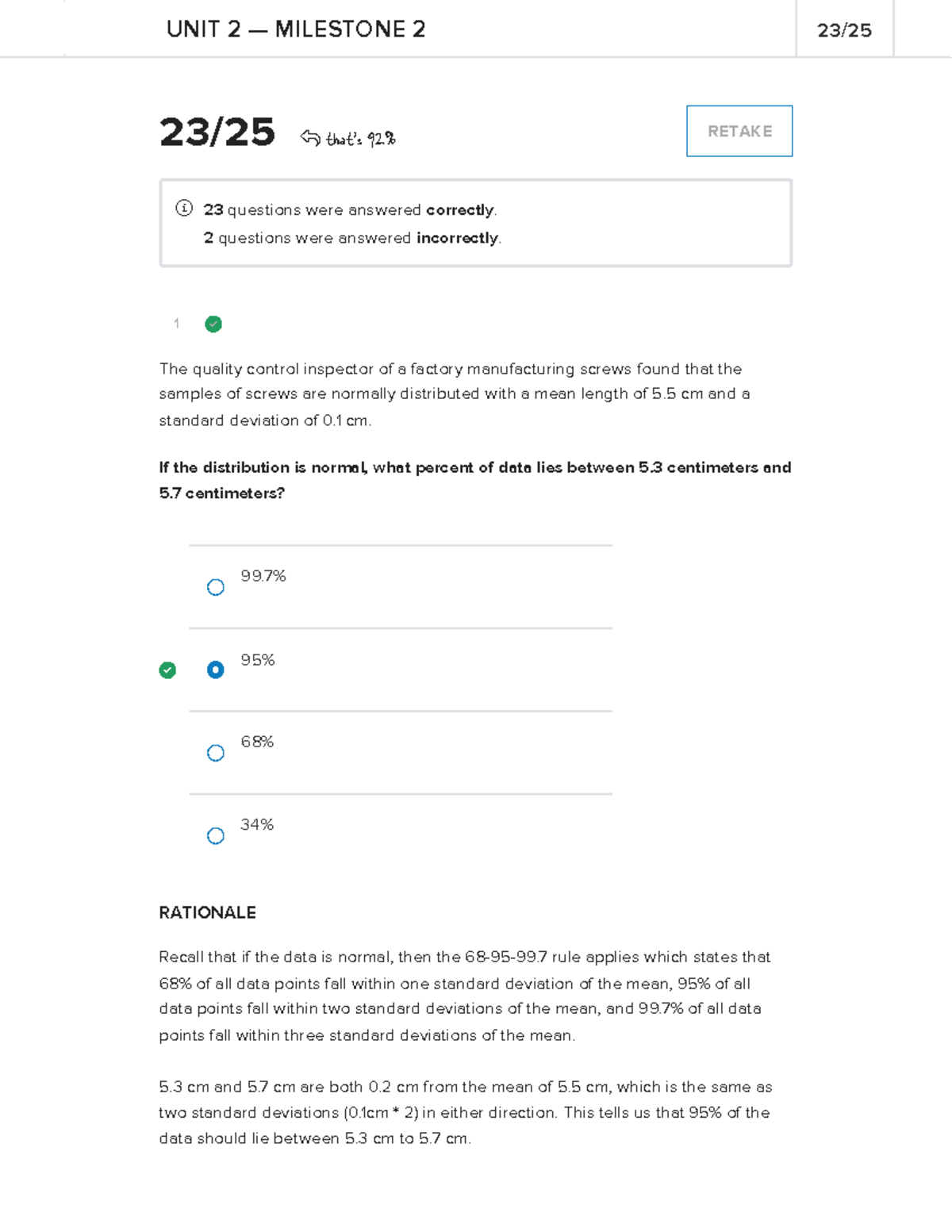 Intro to Statistics - Unit 2 Milestone - 1 23 / 25 that's 92% RETAKE 23 ...