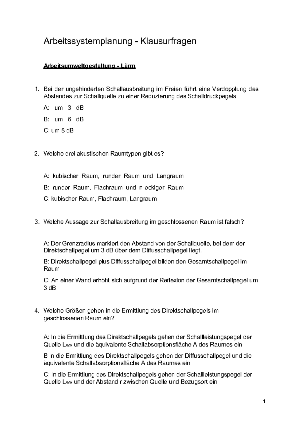 Altklausur Arbeitssystemplanung - Arbeitssystemplanung - Klausurfragen Arbeitsumweltgestaltung ...