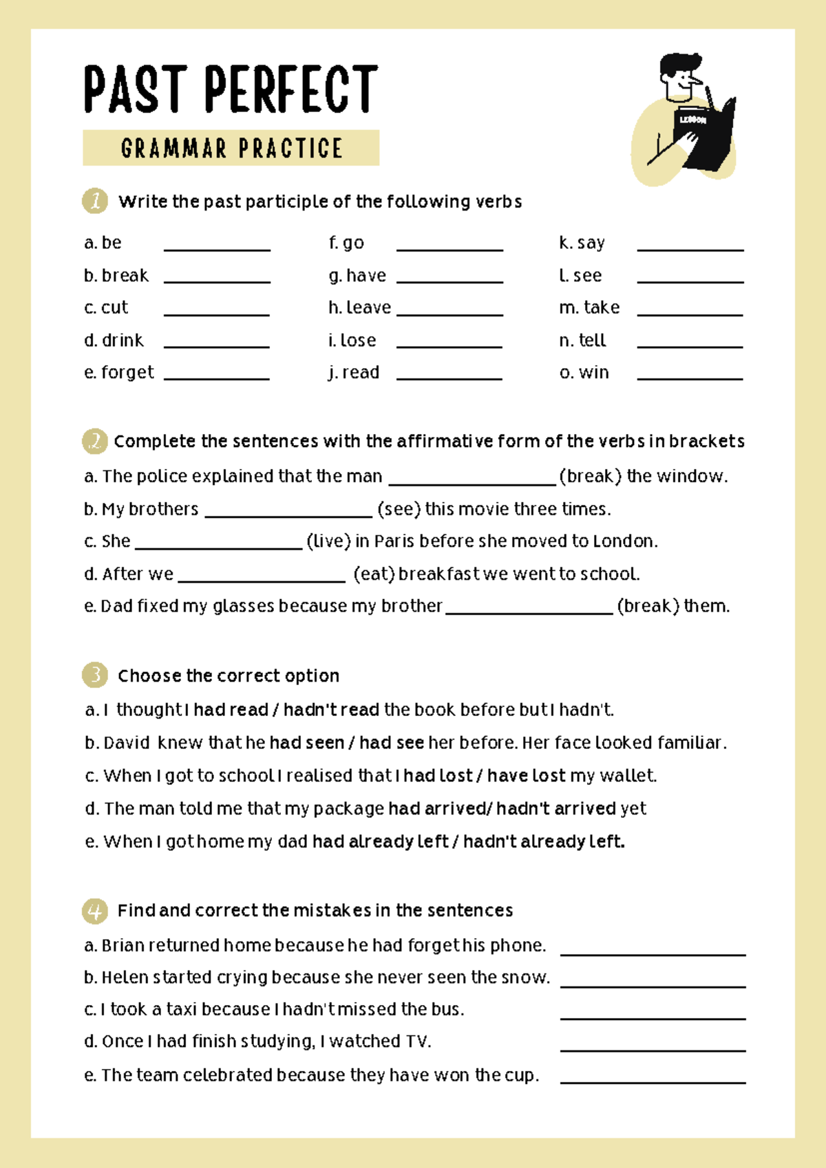 Past Perfect Grammar Practice Worksheet - PAST PERFECT G R A M M A R P ...