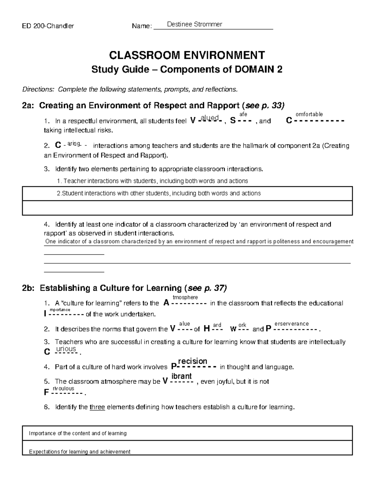 Danielson Studey Guide Domain 2a,b,e - ED 200-Chandler Name
