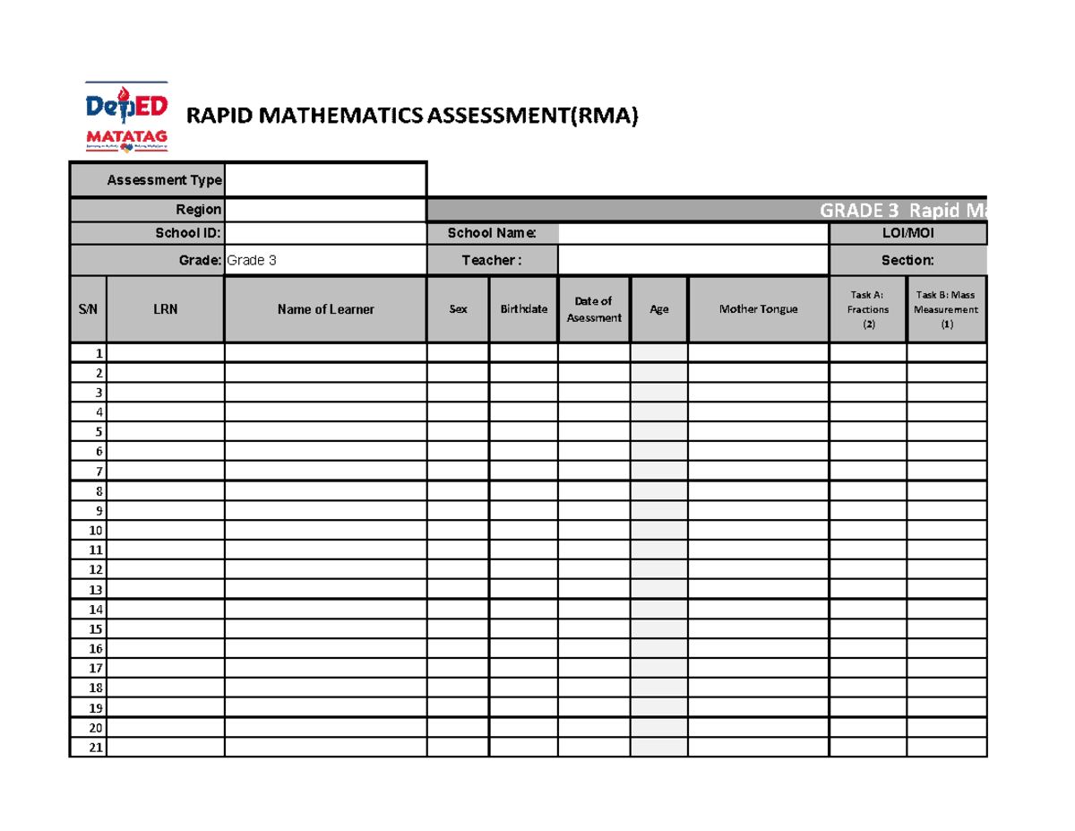 RMA2 G3Scoresheet v2 - RMA - Grade 3 S/N LRN Name of Learner Sex ...