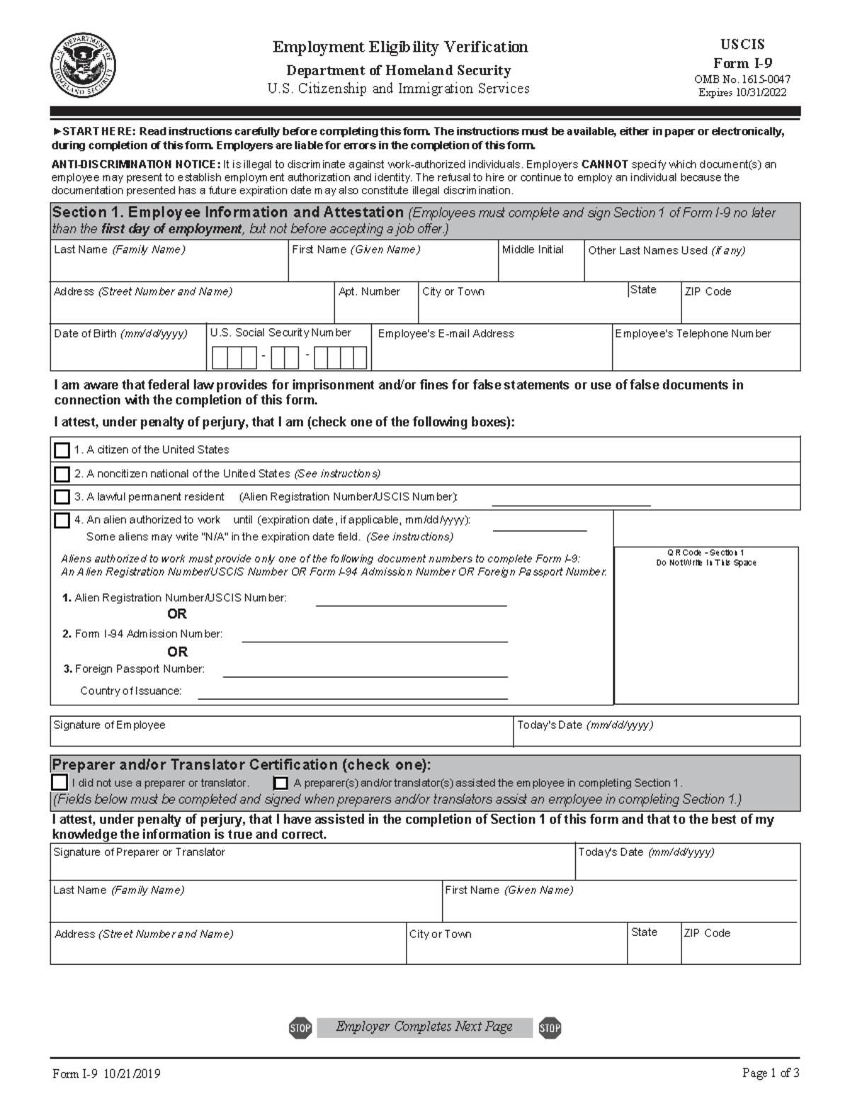Form I9 Compliance - Form I-9 10/21/2019 Page 1 of 3 Employment ...
