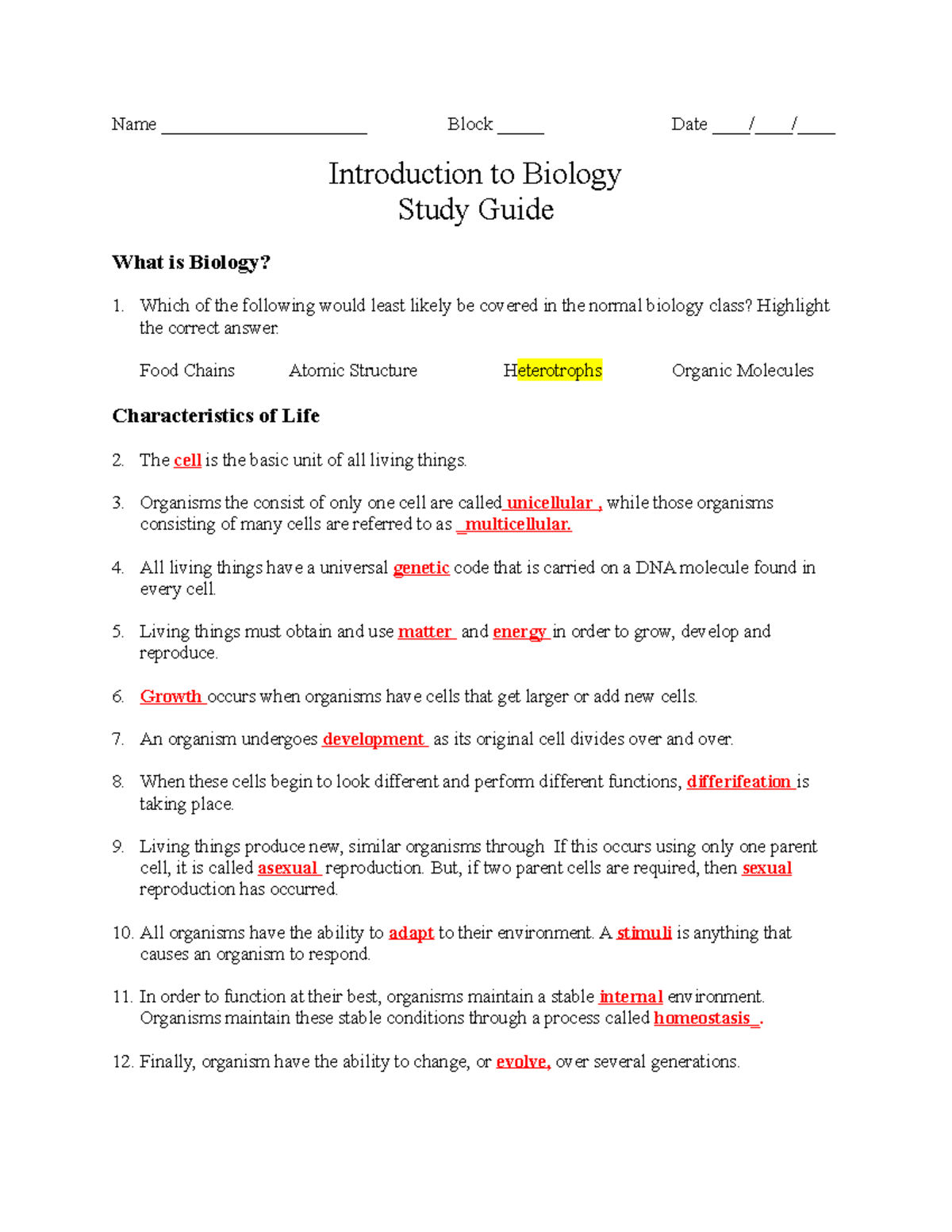 Intro to Biology Study Guide - Name ______________________ Block ...