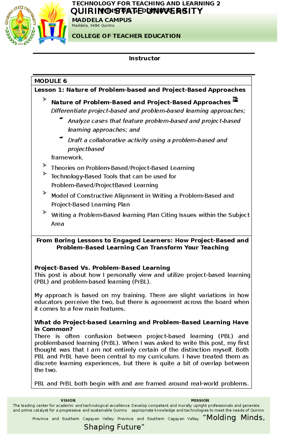 Module-6 - MADDELA CAMPUS Maddela, 3404 Quirino COLLEGE OF TEACHER ...