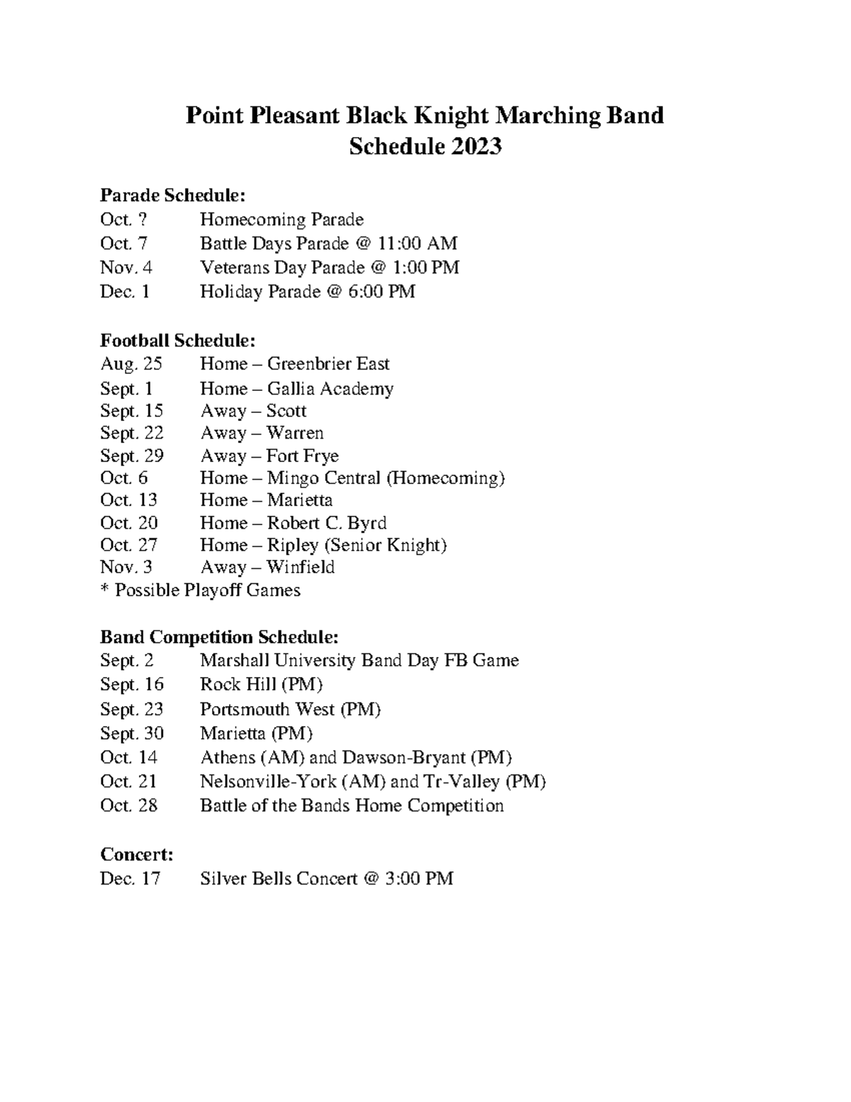 PPHS Band Schedule 2023 - Point Pleasant Black Knight Marching Band ...