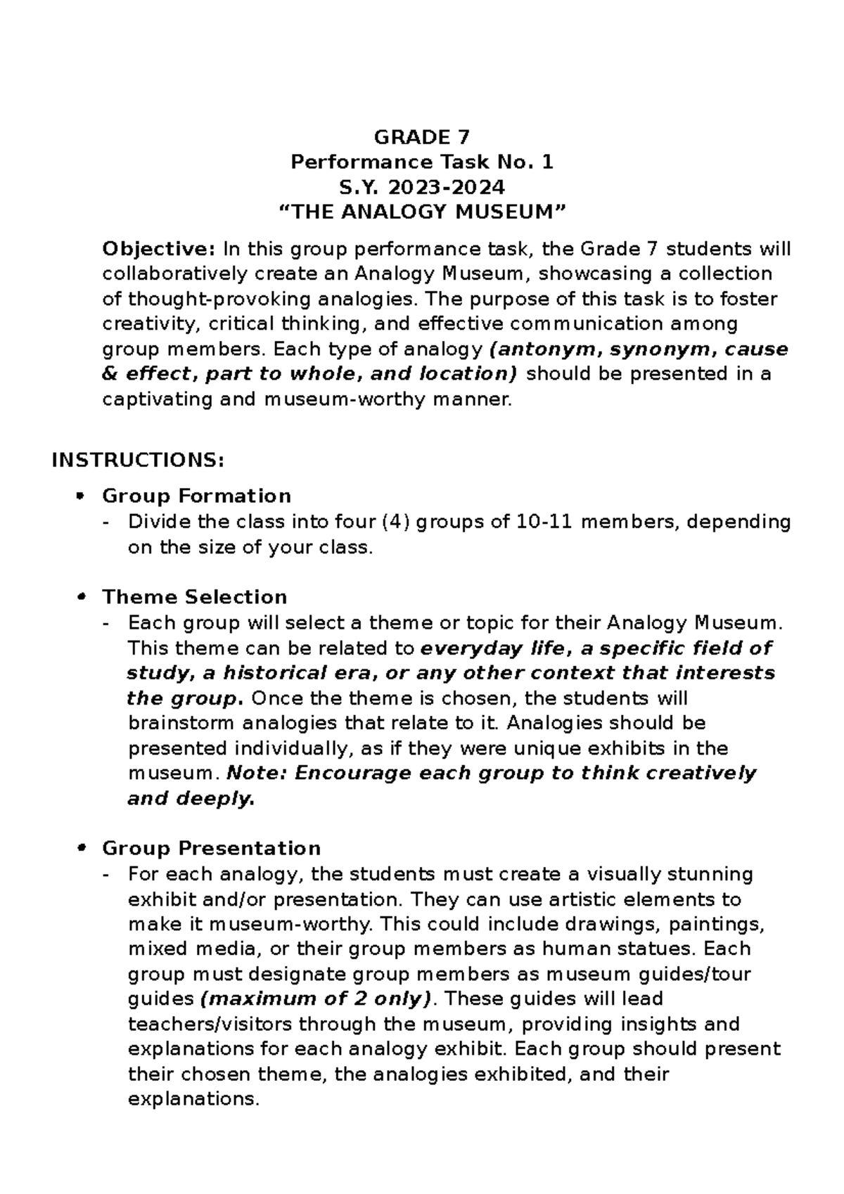 Performance Task 1 Analogy Museum - GRADE 7 Performance Task No. 1 S ...
