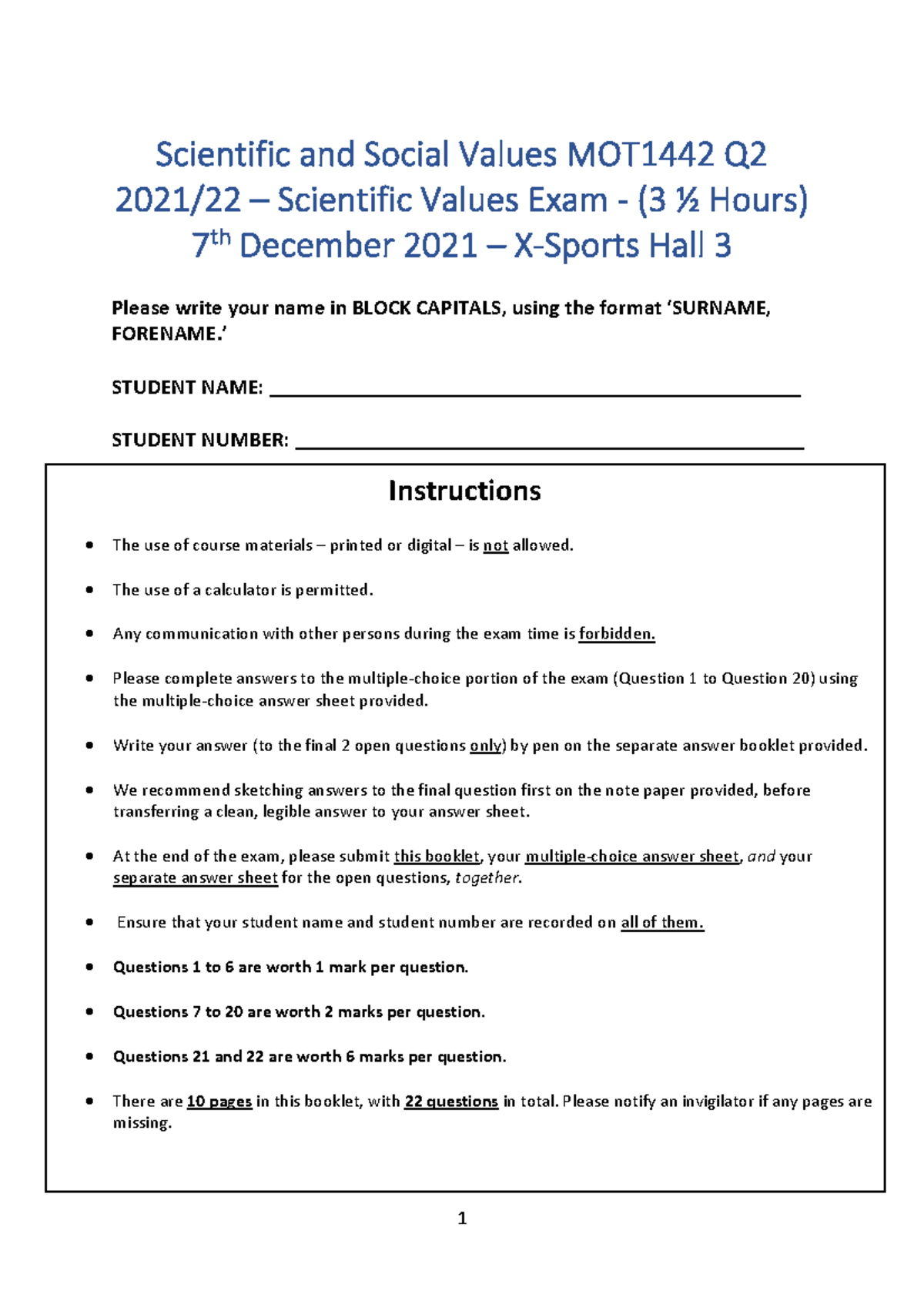 Scientific Values Exam 2021-2022 - Scientific and Social Values MOT1442 ...