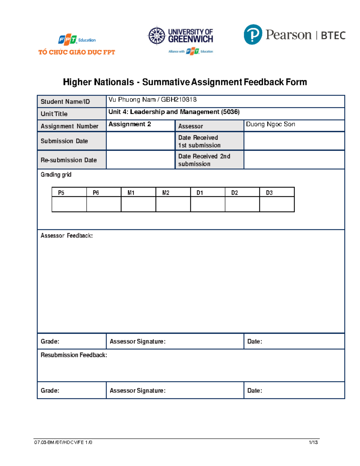 5036 ASM2 VU Phuong NAM RE SP24 - Higher Nationals - Summative Assignment Feedback Form Student ...