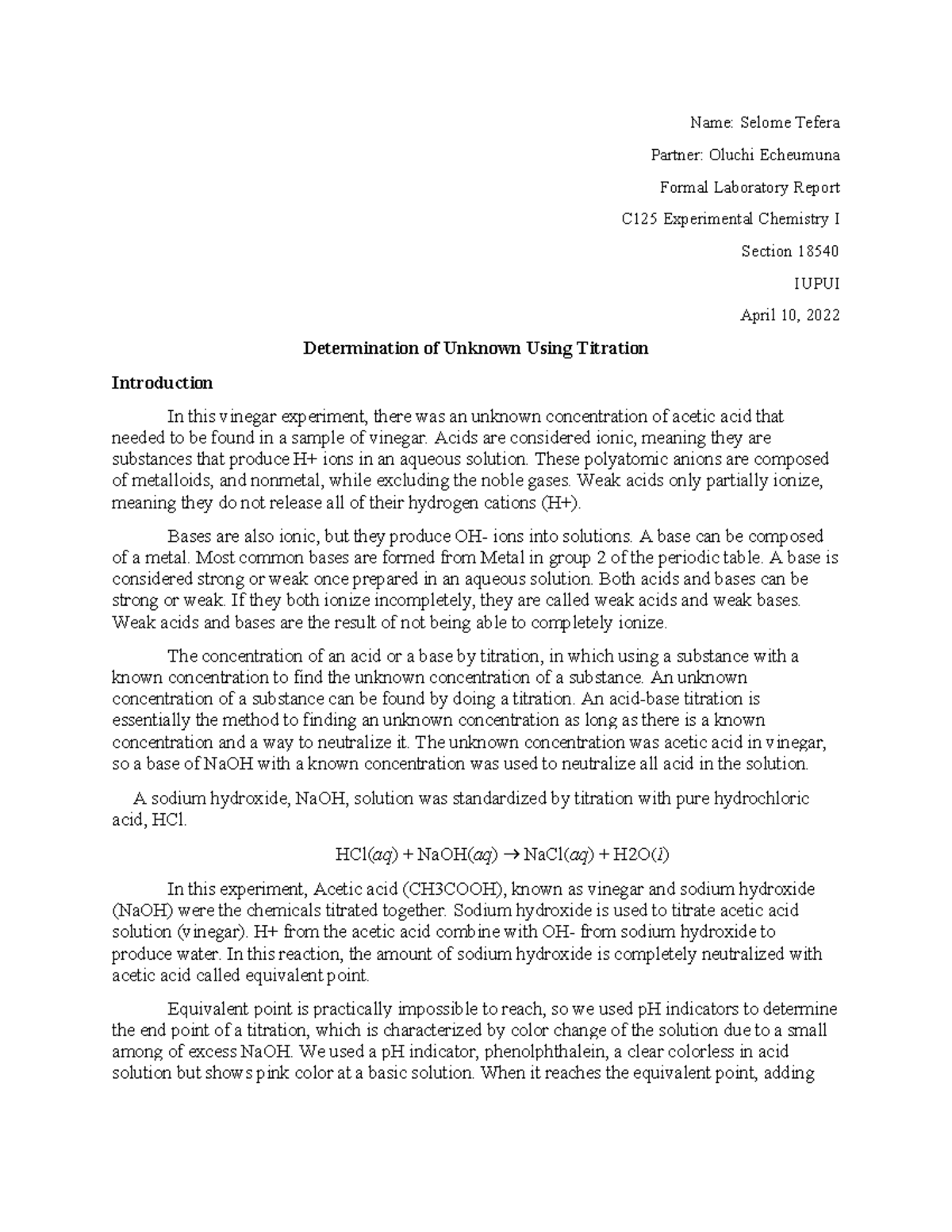 Formal Labratory Report - Name: Selome Tefera Partner: Oluchi Echeumuna Formal Laboratory Report ...