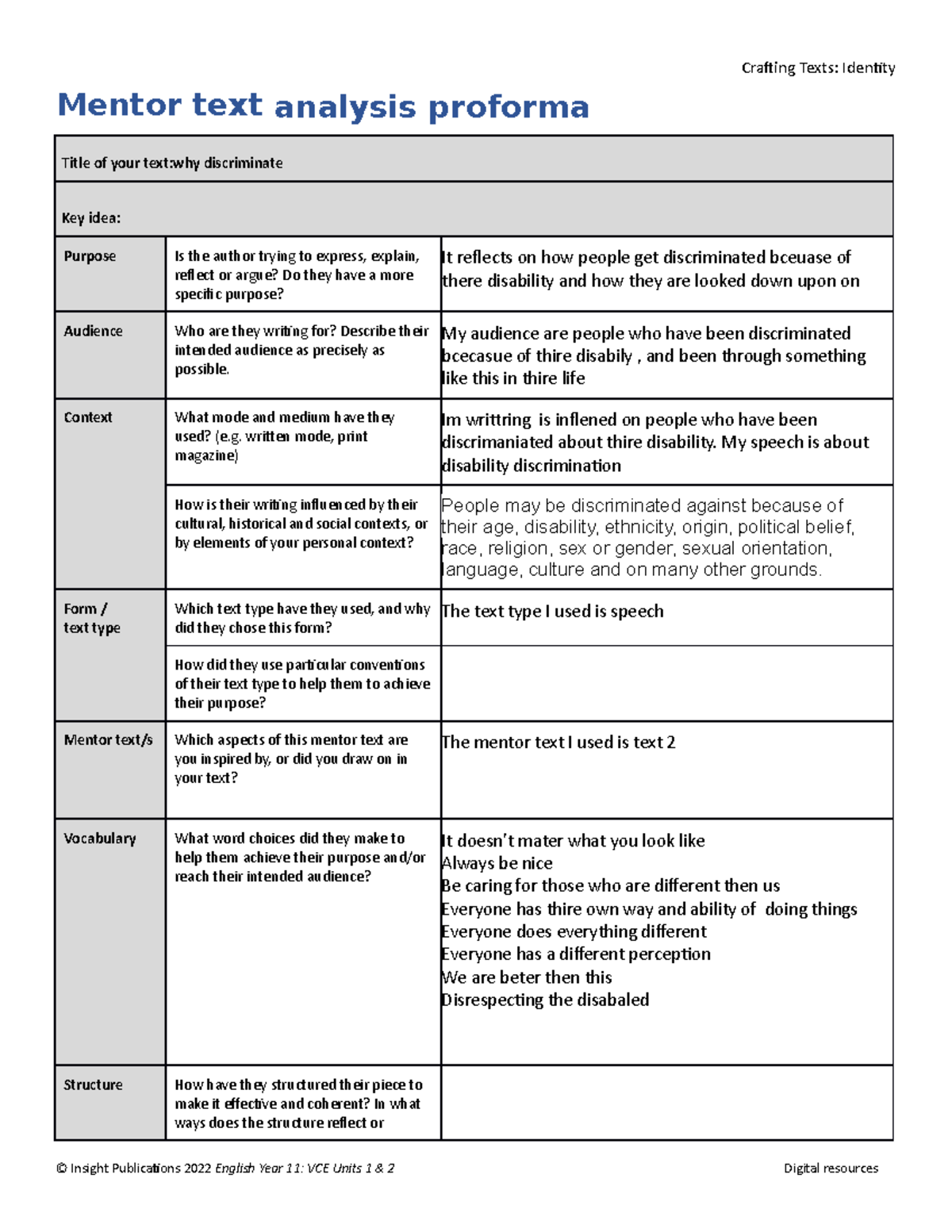 Year 11 English - Crafting Texts - Mentor Text Analysis Proforma ...