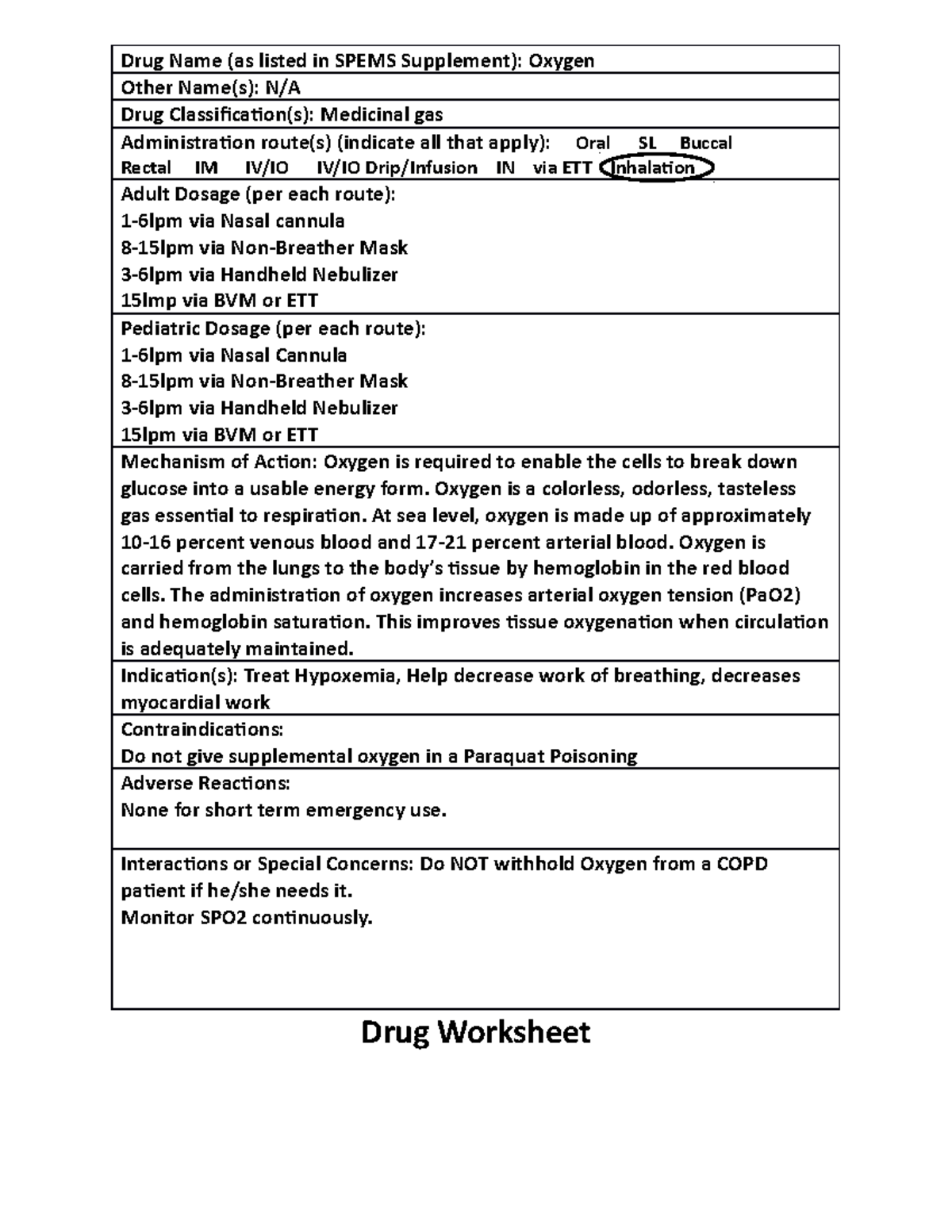 Oxygen - drug profile - Drug Name (as listed in SPEMS Supplement ...
