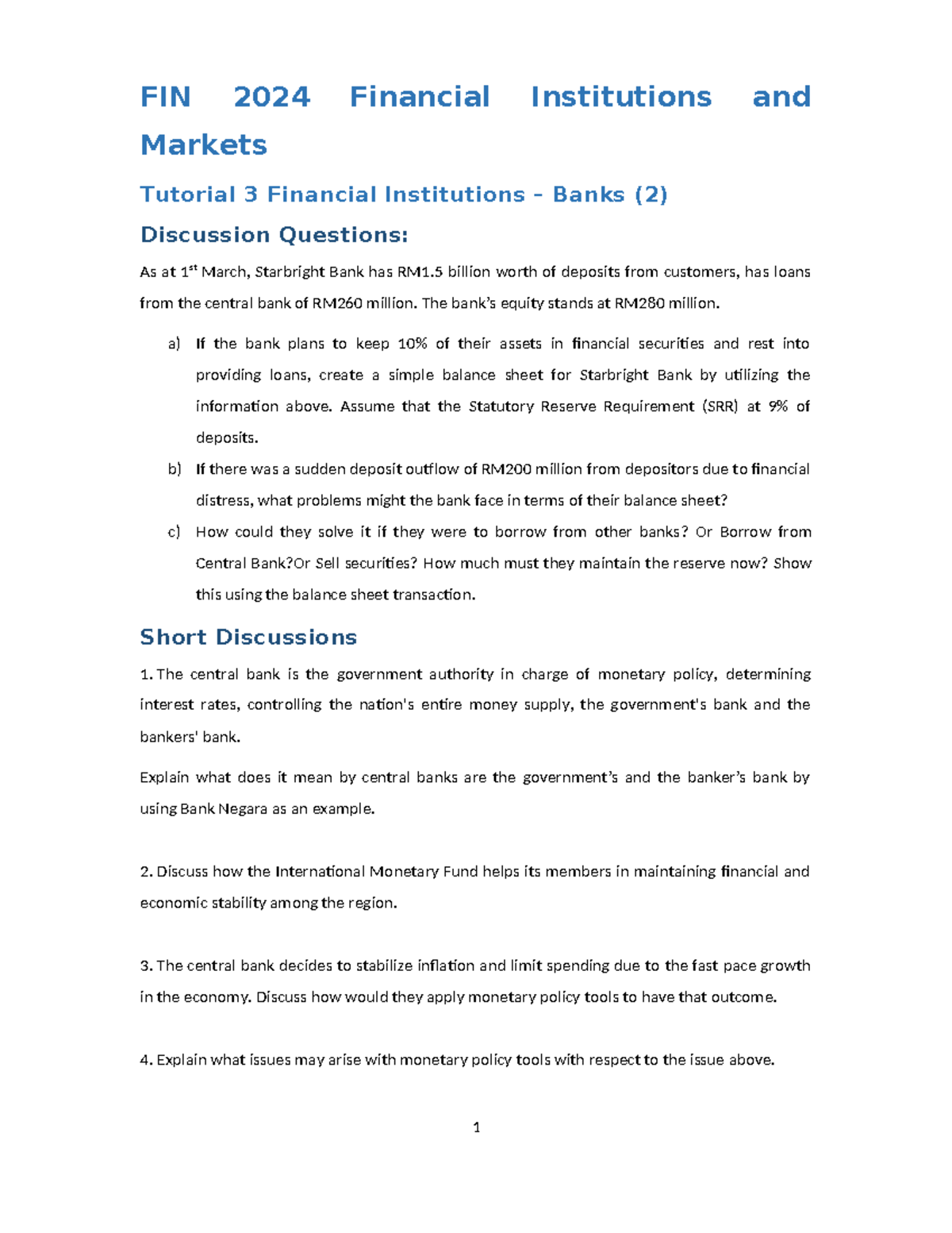 Finance Tutorial Questions on Banks - FIN 2024 Financial Institutions ...