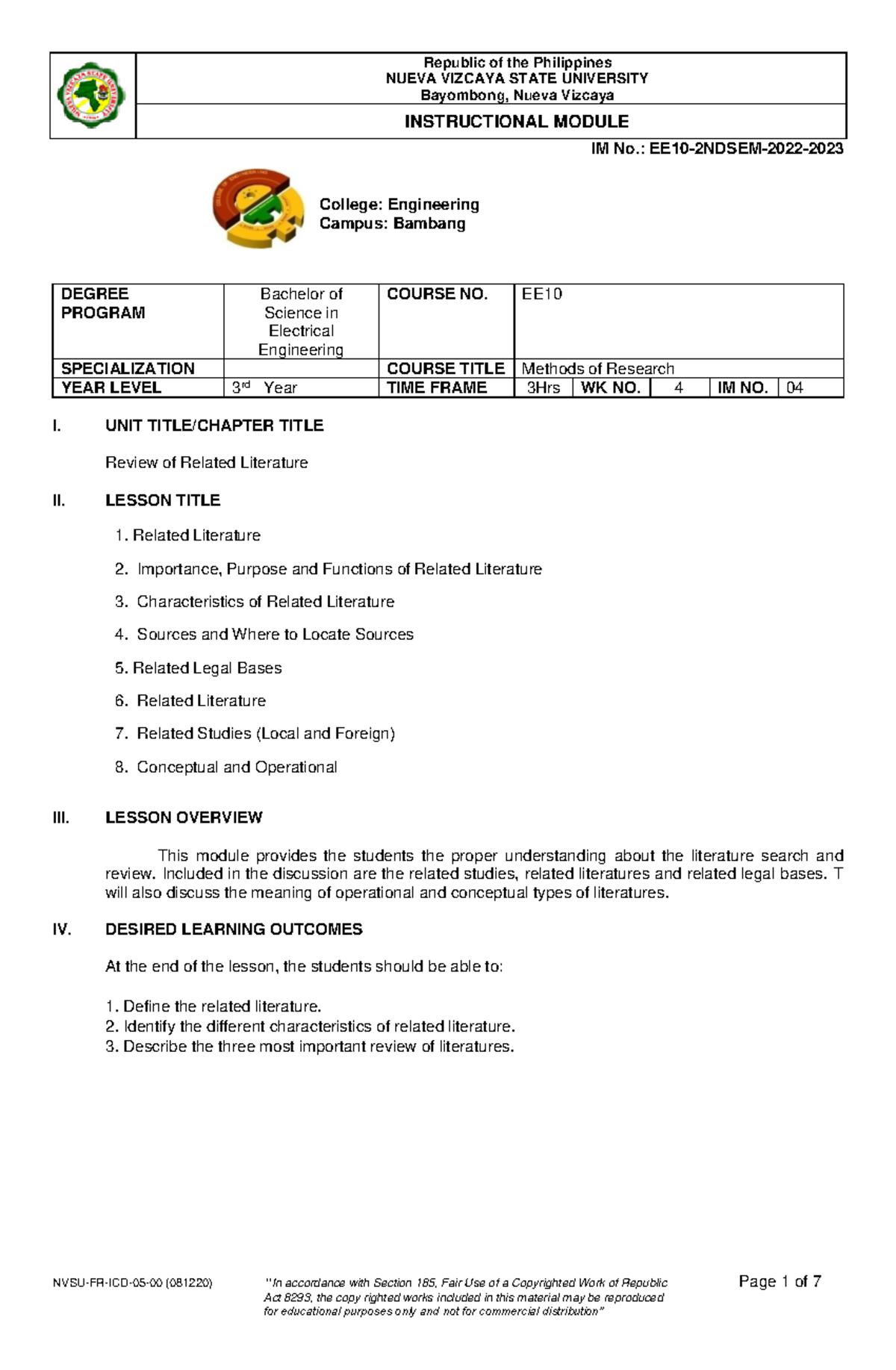 IM4-MOR BSEE - NUEVA VIZCAYA STATE UNIVERSITY Bayombong, Nueva Vizcaya ...