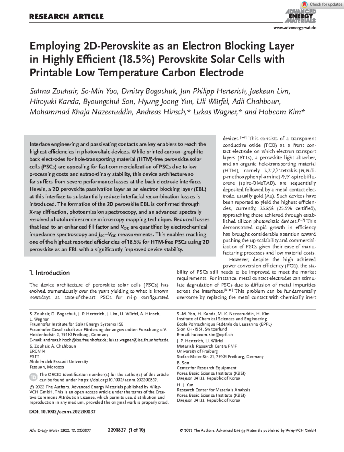 Advanced Energy Materials - 2022 - Zouhair - Employing 2D‐Perovskite as an Electron Blocking ...