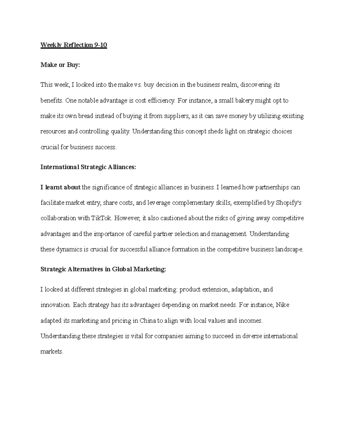 Bi-weekly reflection week 9-10 - Weekly Reflection 9- 10 Make or Buy ...