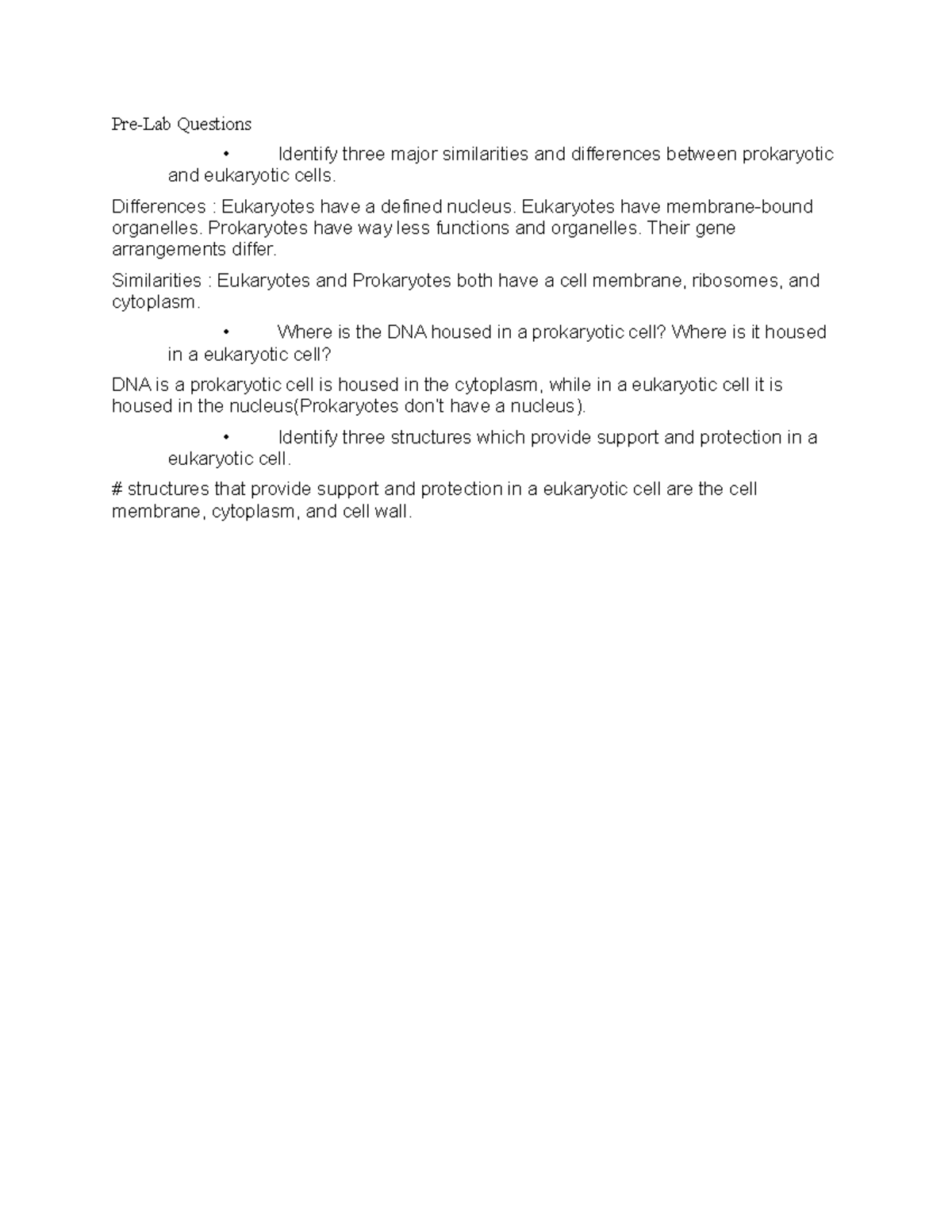 Cell structure lab - Lab - Pre-Lab Questions - Identify three major similarities and differences ...