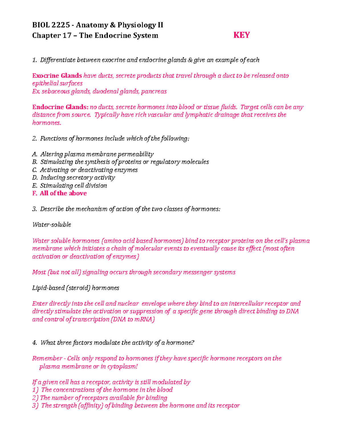 Exam Review Worksheet - Chapter 17 KEY - BIOL 2225 - Anatomy ...